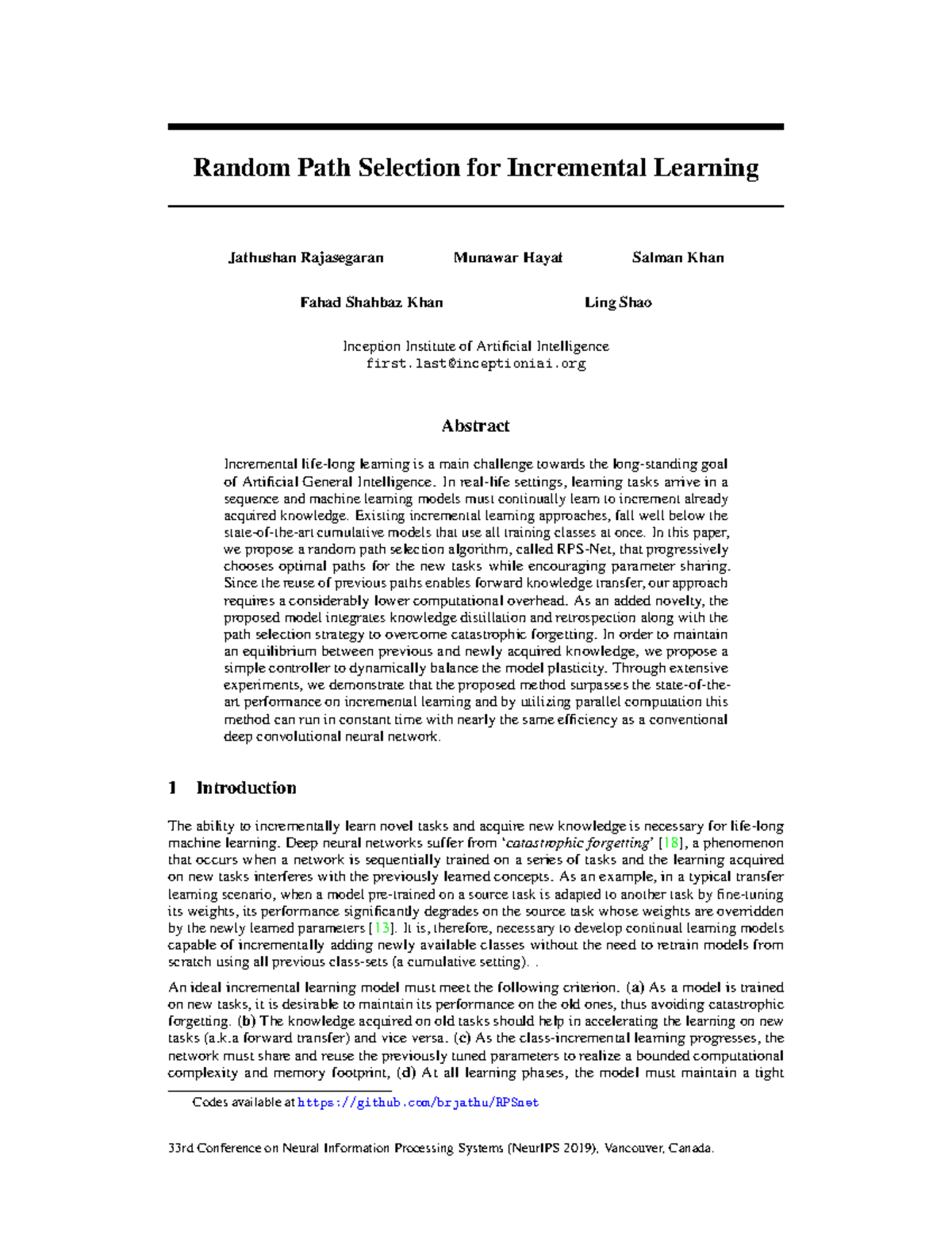 Neur IPS 2019 random path selection for continual learning Paper ...