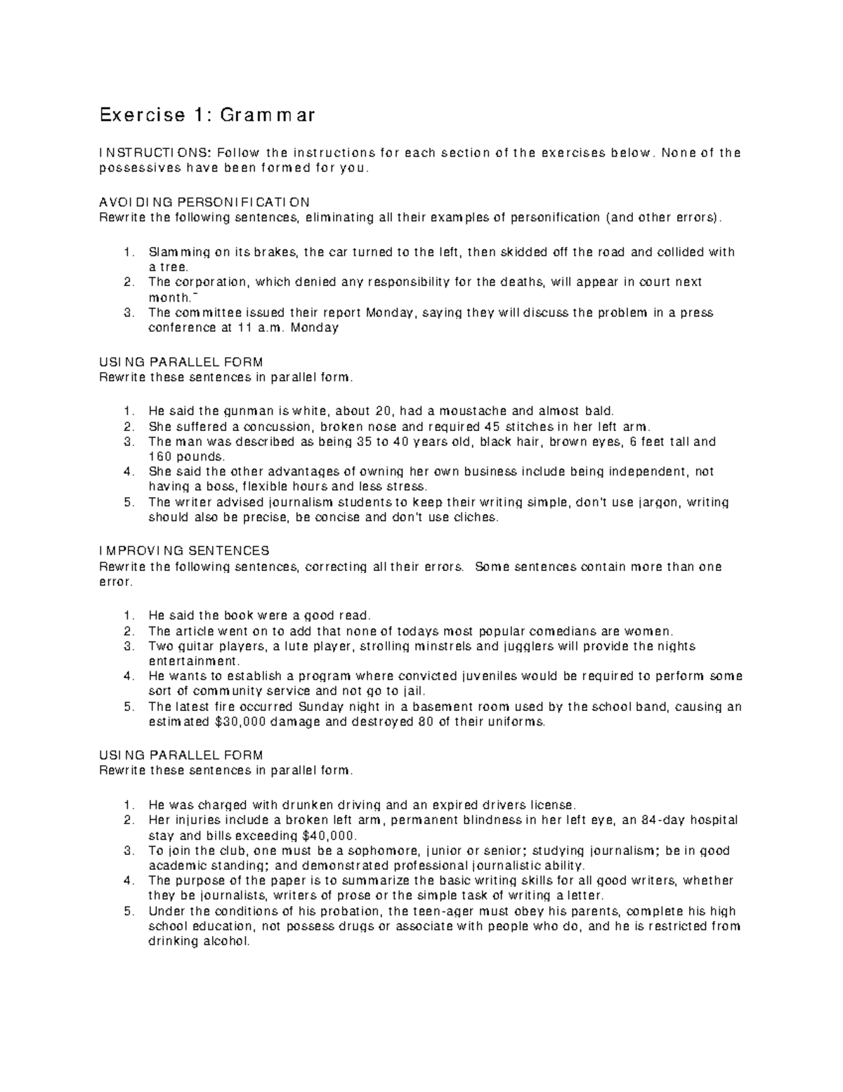 Ch4 exercises - sentence error correction - Ex e r ci se 1 : Gr am m a r I N STRUCTI ON S: Fo l ...