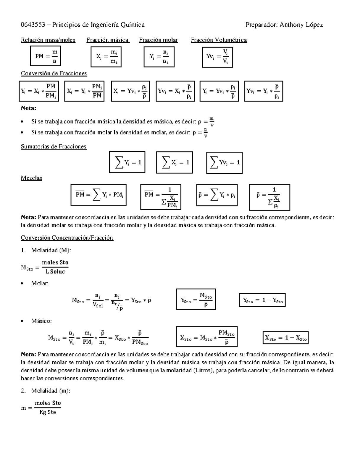 Formulario - Relación masa/moles Fracción másica Fracción molar ...