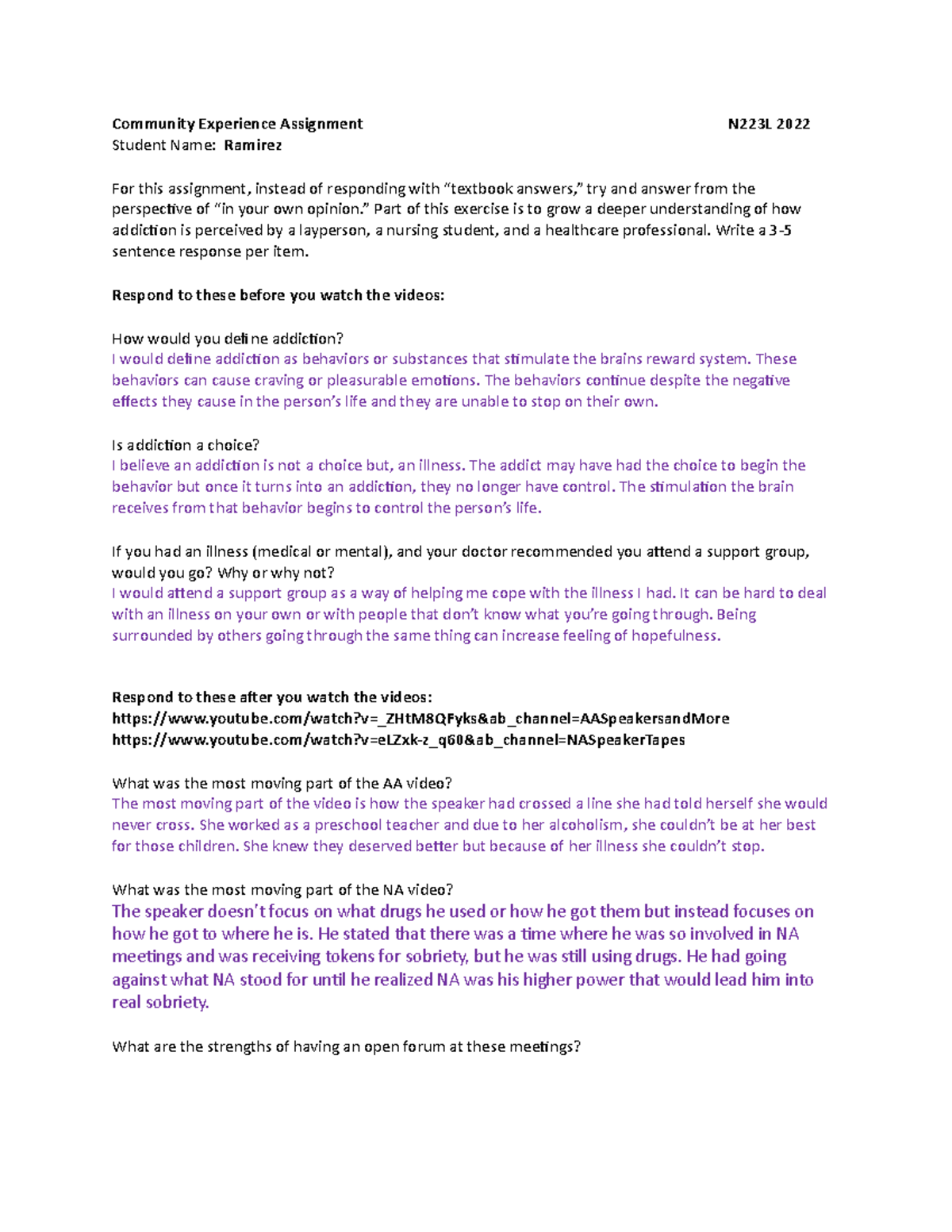 NURS 223L Community Experience 2021 - Community Experience Assignment ...