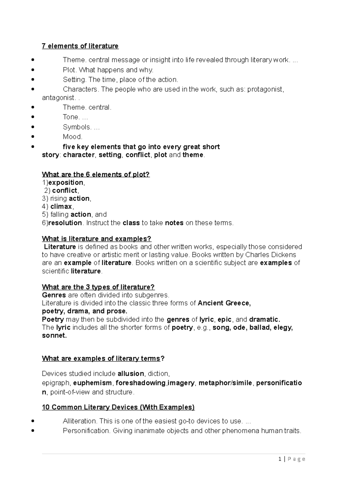 Literature Assignment II 2019 - 7 elements of literature Theme. central ...