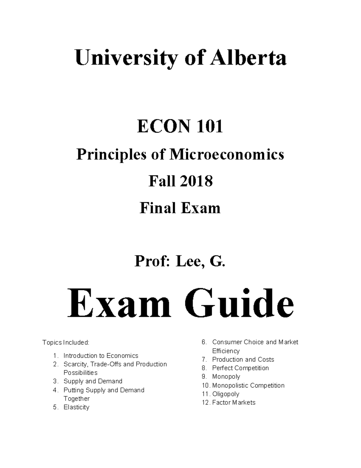 Economics Study Guide - University of Alberta ECON 101 Principles of ...