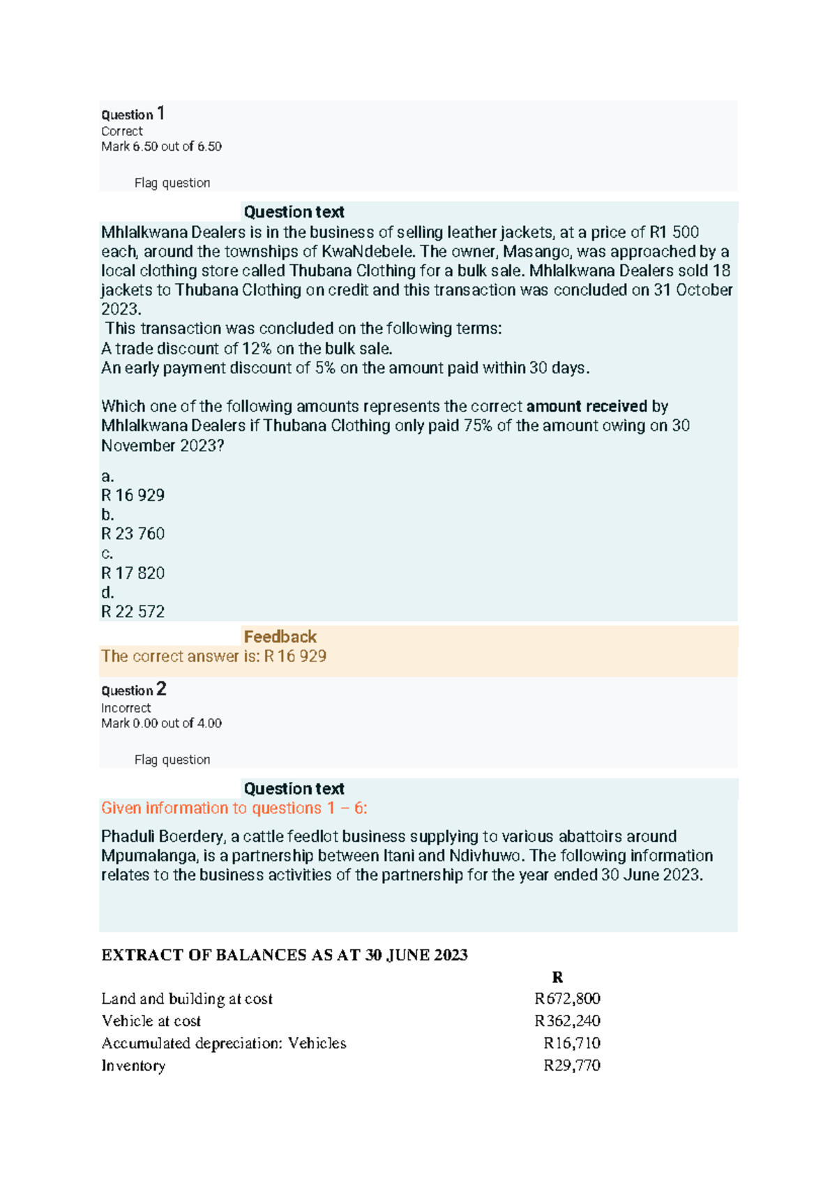 Fac1602-a1 - not applicable - Question 1 Correct Mark 6 out of 6. Flag ...