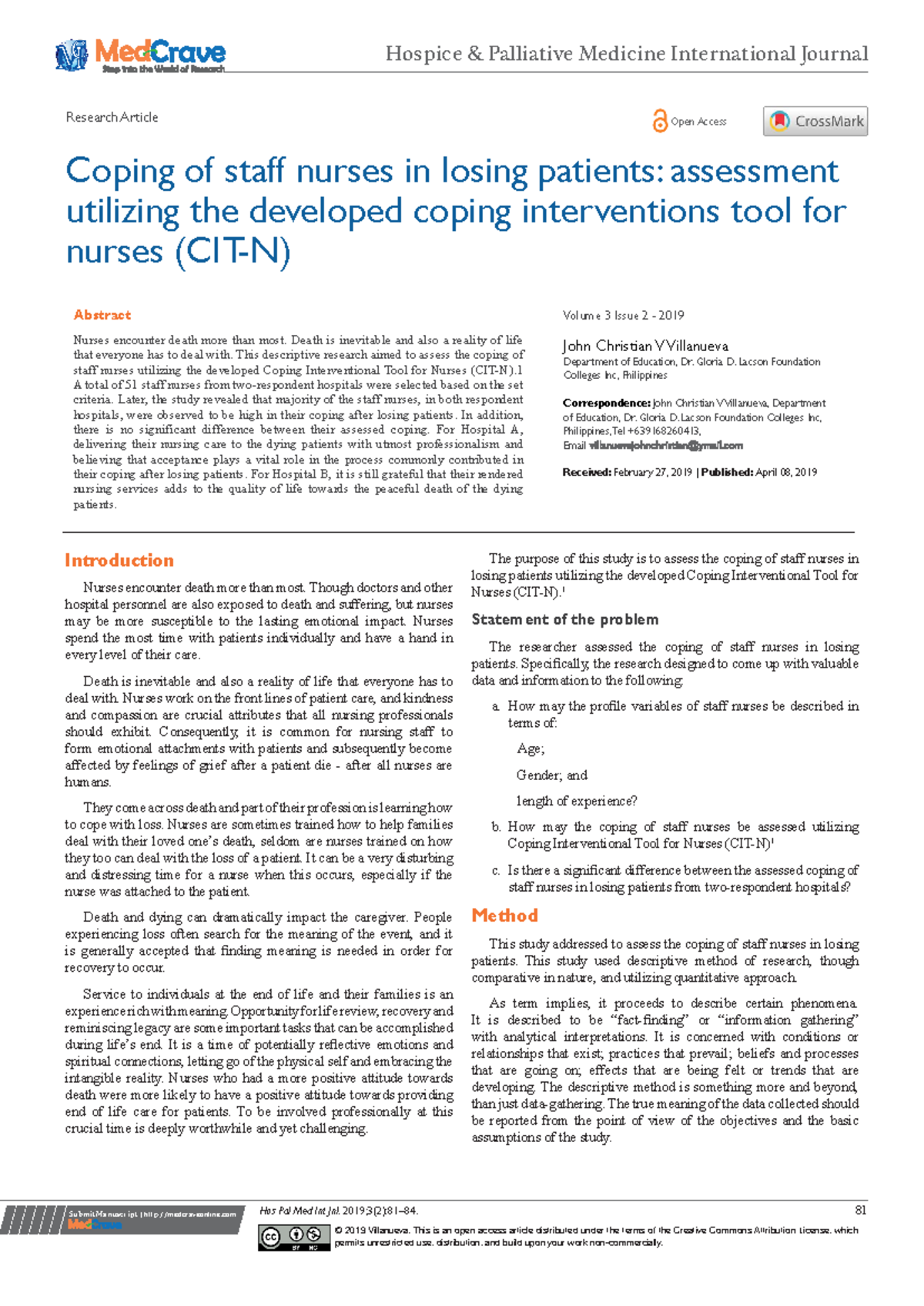 Coping of staff nurses in losing patient - Submit Manuscript ...