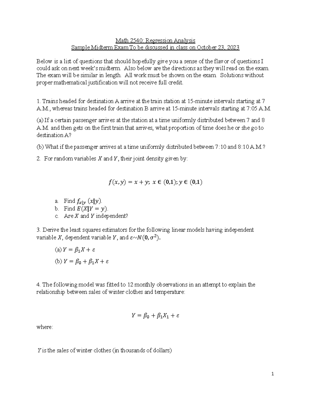 Sample Midterm - Math 2540: Regression Analysis Sample Midterm Exam To be discussed in class on ...