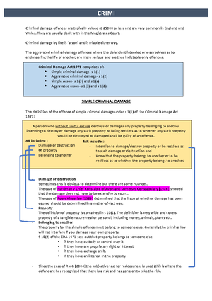 Criminal Damage Summary Sheet Criminal Damage Act 1971 Two Offences