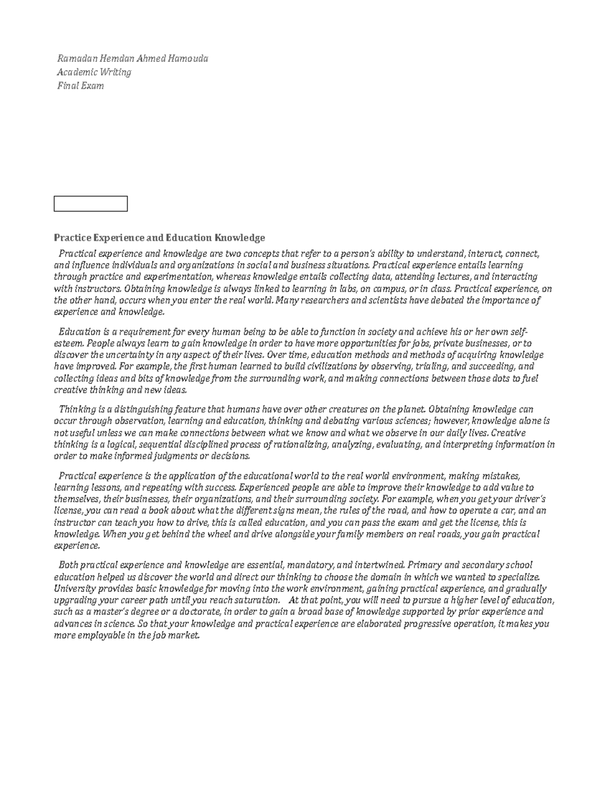 Academic writing -Final Exam - Practice Experience and Education ...