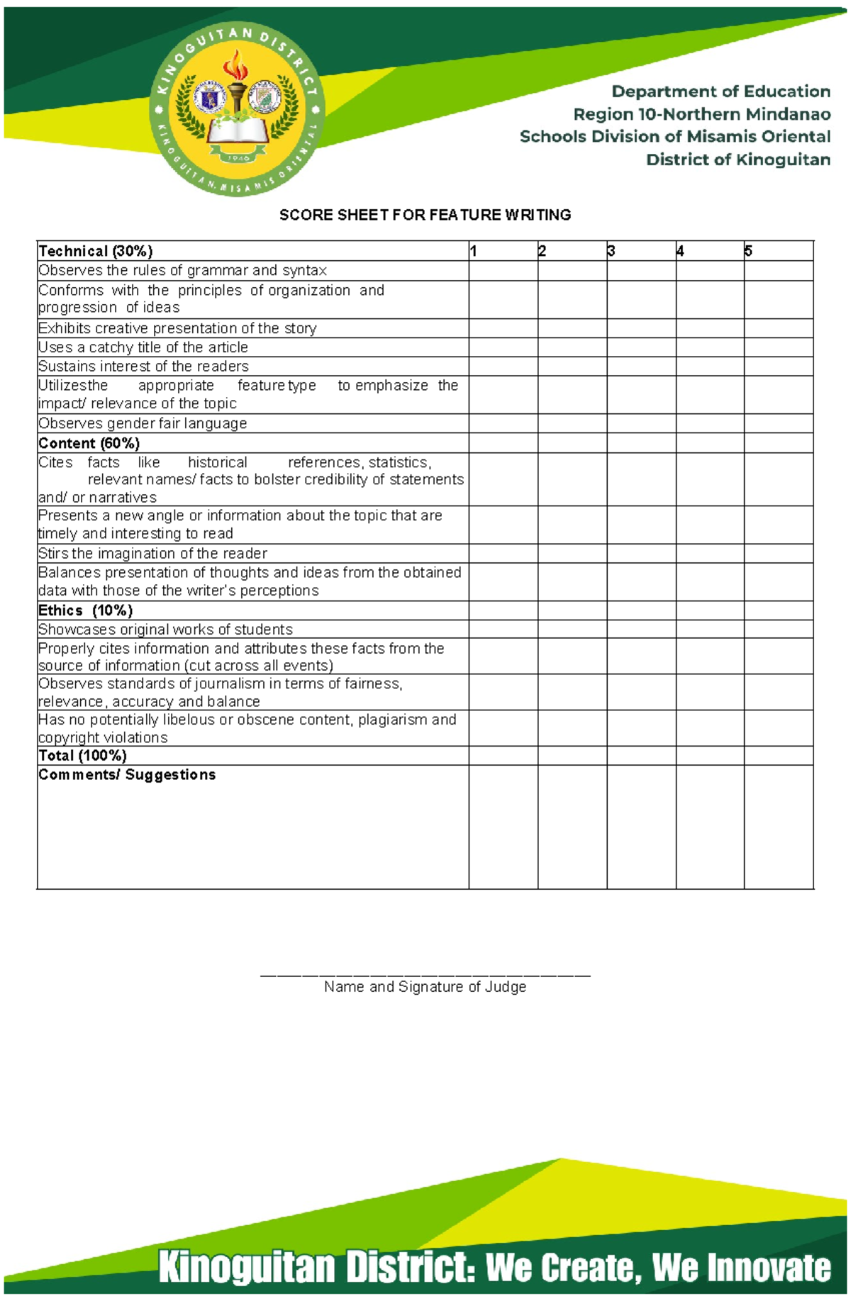 DSPC Score Sheet - This is for journalism - SCORE SHEET FOR FEATURE ...