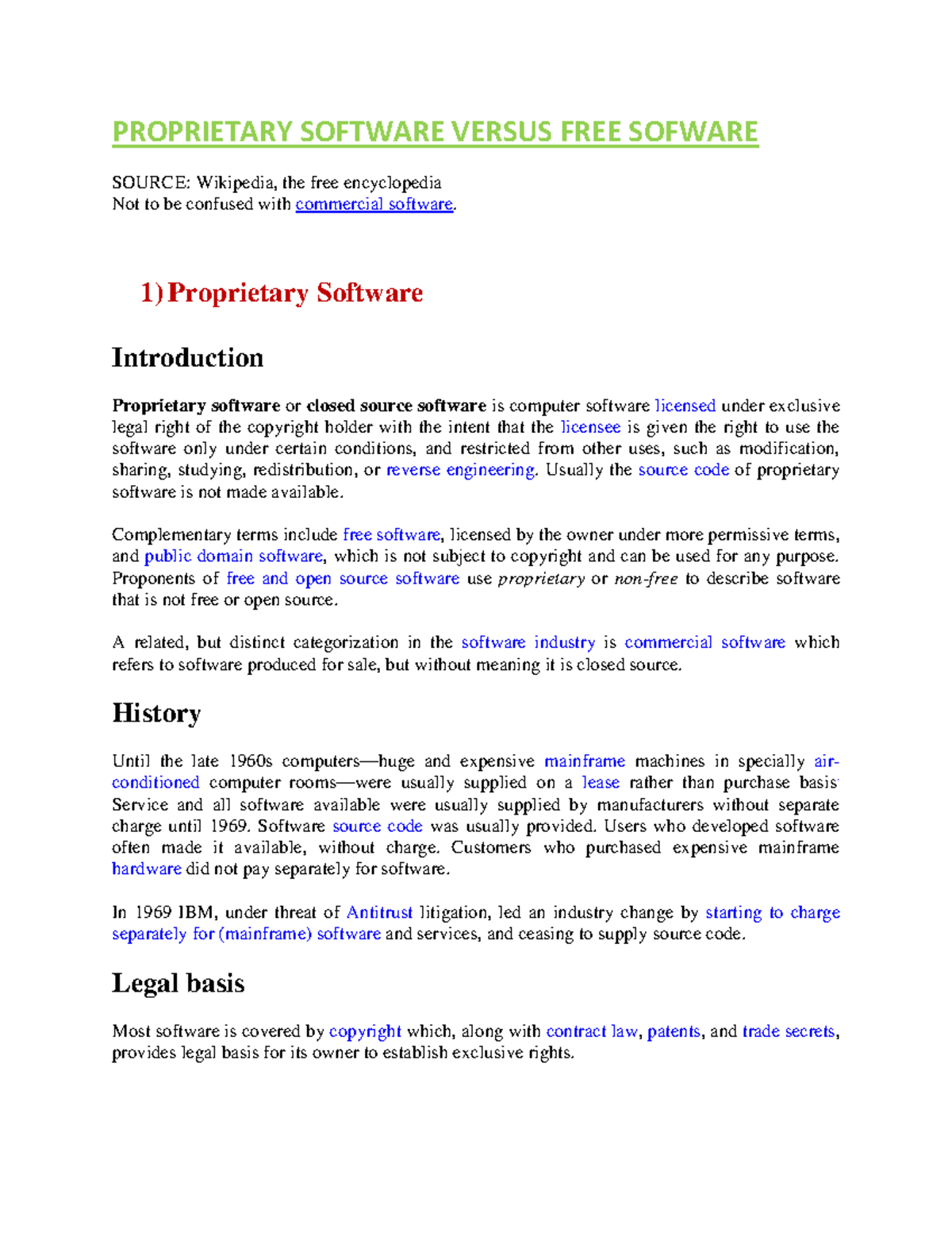 Proprietary Software Versus FREE Sofware - PROPRIETARY SOFTWARE VERSUS FREE SOFWARE SOURCE ...