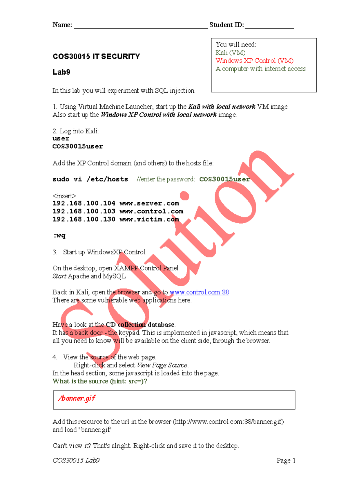 COS30015 Lab9 solution - COS30015 IT SECURITY Lab In this lab you will experiment with SQL - Studocu