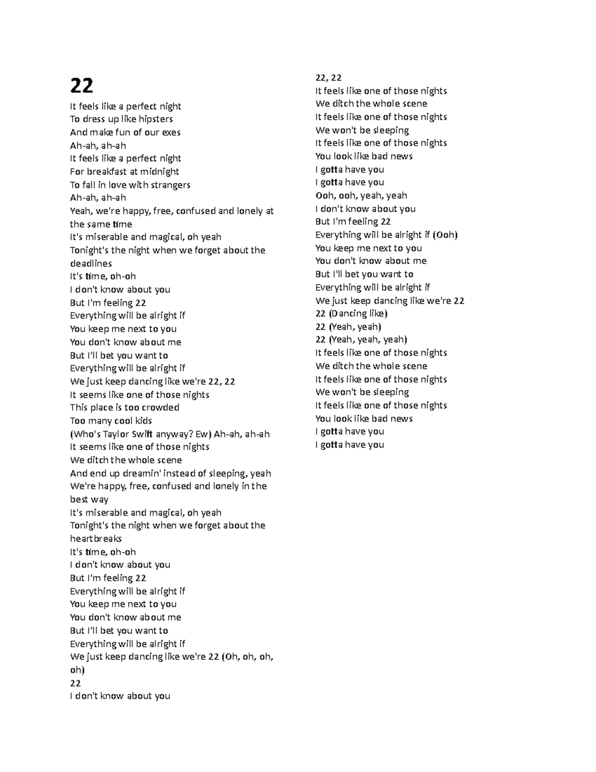 22 - this is intended for new song - 22 It feels like a perfect night ...