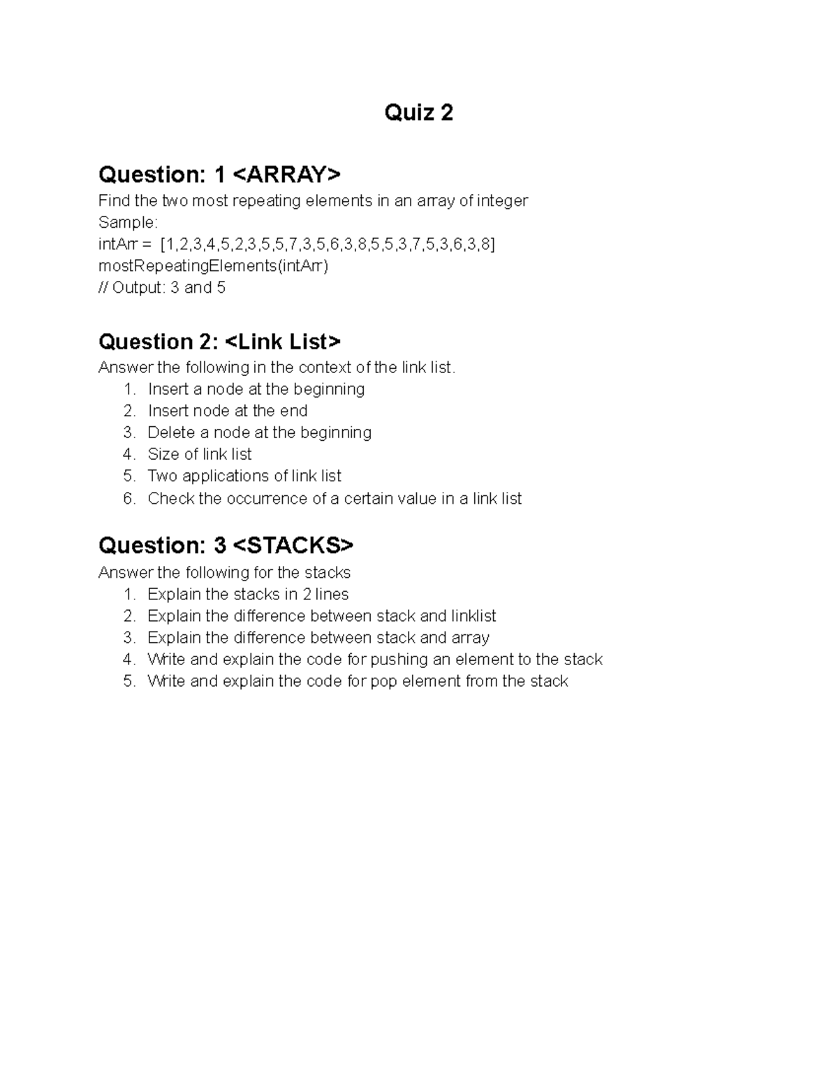 Dsa Quiz 2 Data Structure Quiz Quiz 2 Question 1 Find The Two Most