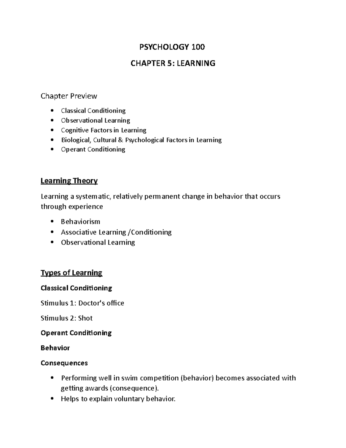 PSY 100 Chapter 5 Learning - PSYCHOLOGY 100 CHAPTER 5: LEARNING Chapter ...