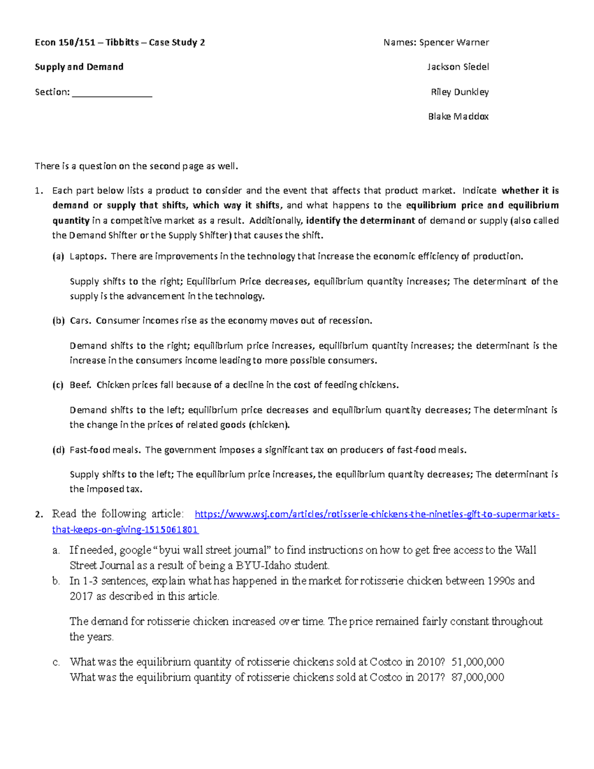 Econ 150 Case Study 2 - Econ 150/151 – Tibbitts – Case Study 2 Names ...