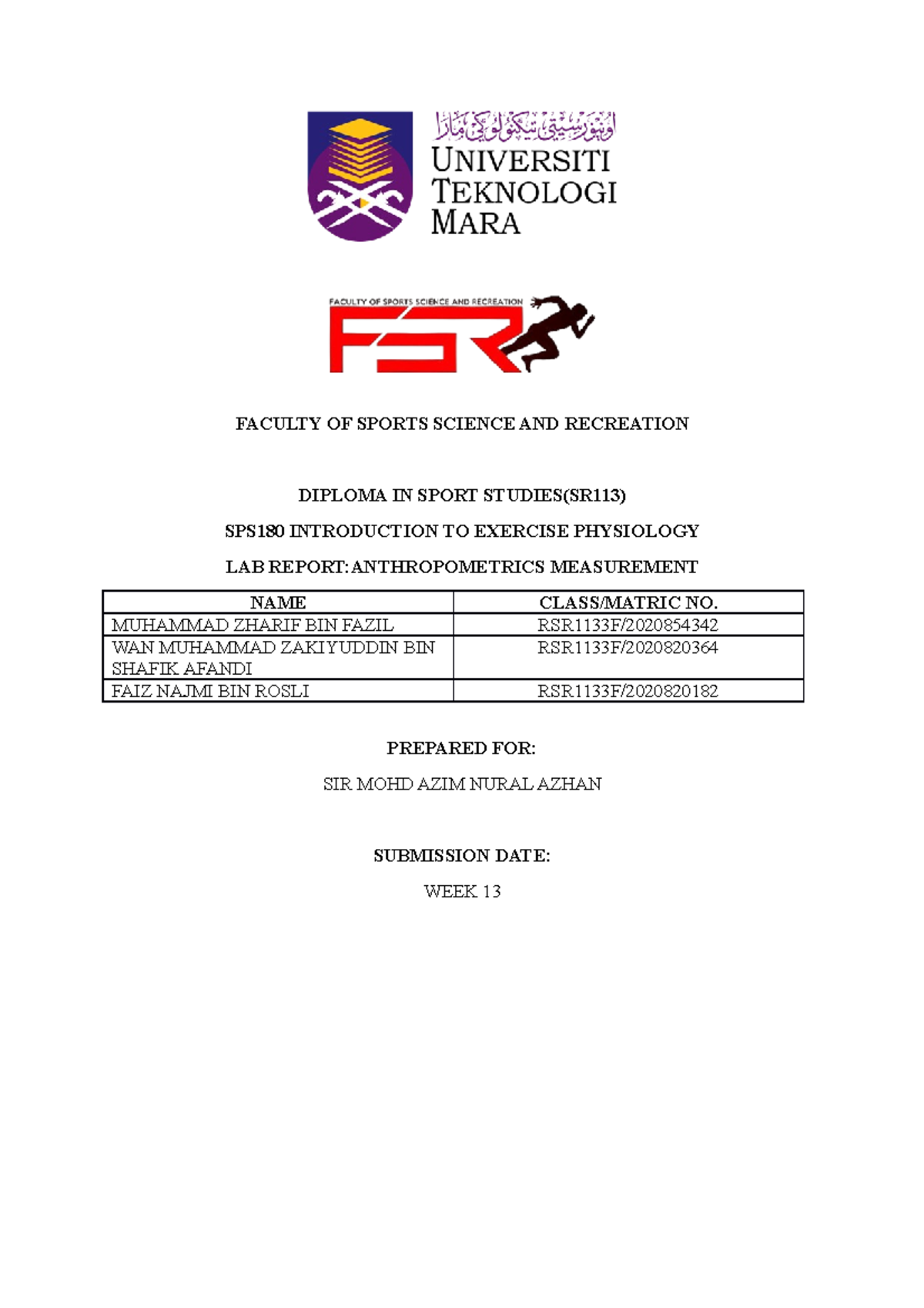 LAB TEST REPORT(PHYSICAL BODY TEST) - FACULTY OF SPORTS SCIENCE AND ...