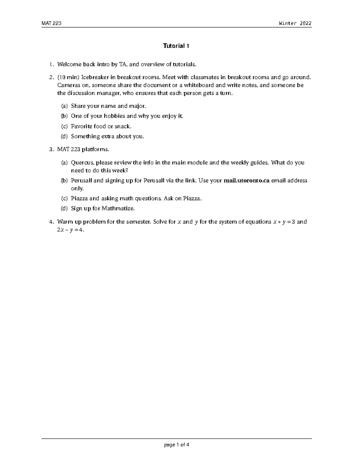 Mat223 tutorial 1-1 - kkdhjwjsns - MAT 223 Winter 2022 Tutorial 1 1 ...
