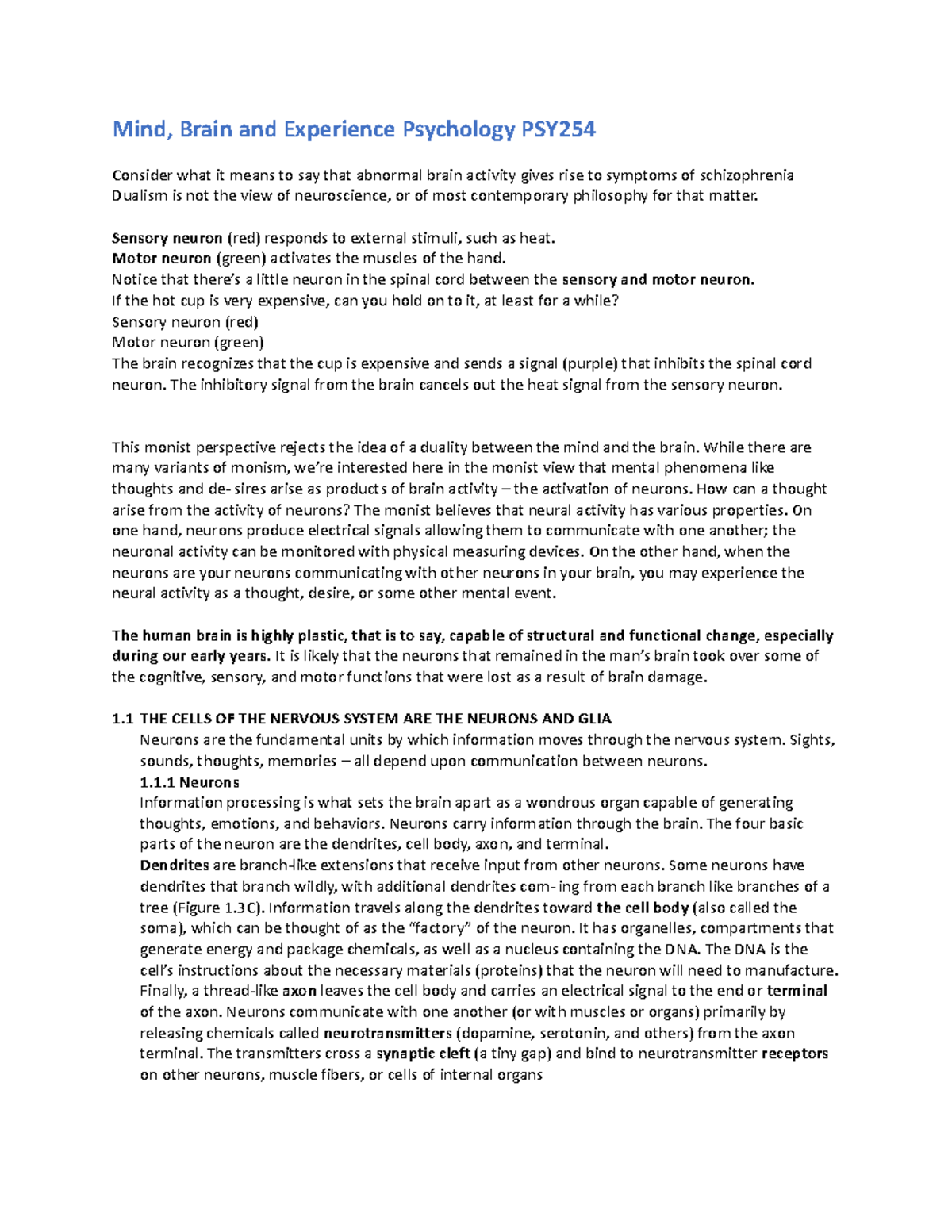 2023 Fall Psychology 254 Note copy - Mind, Brain and Experience ...