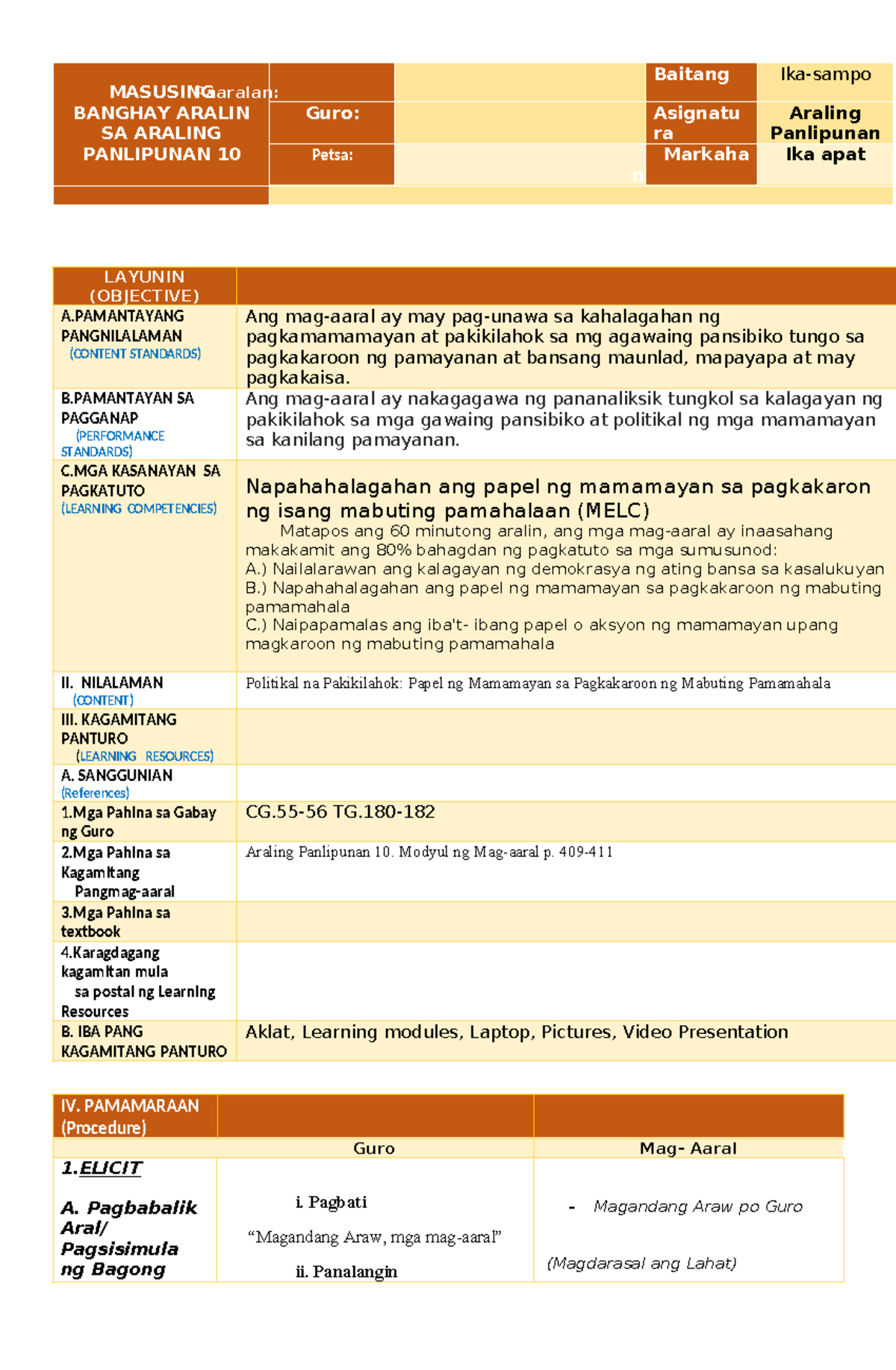 AP 10 DLP - MASUSING BANGHAY ARALIN SA ARALING PANLIPUNAN 10 Paaralan: Baitang Ika-sampo Guro ...