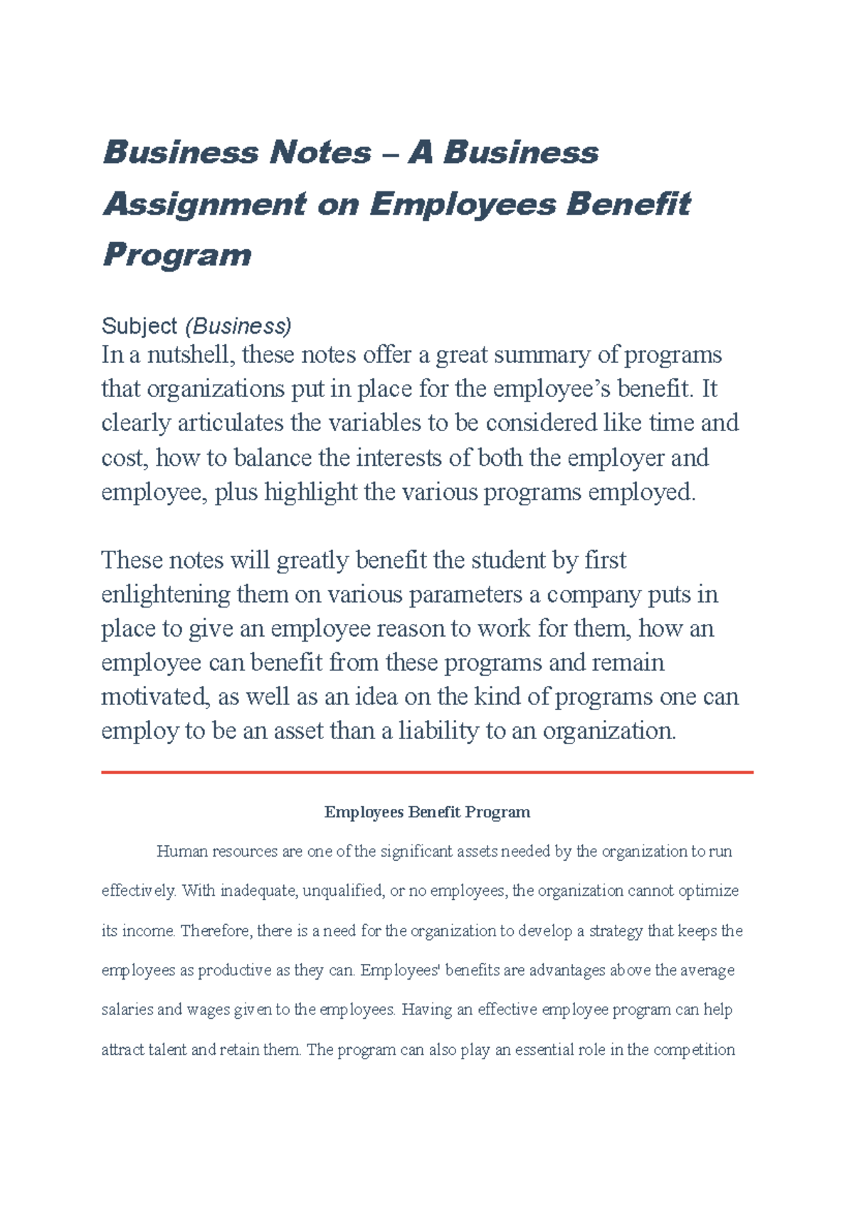 Employees Benefit Program - Business Notes – A Business Assignment on ...