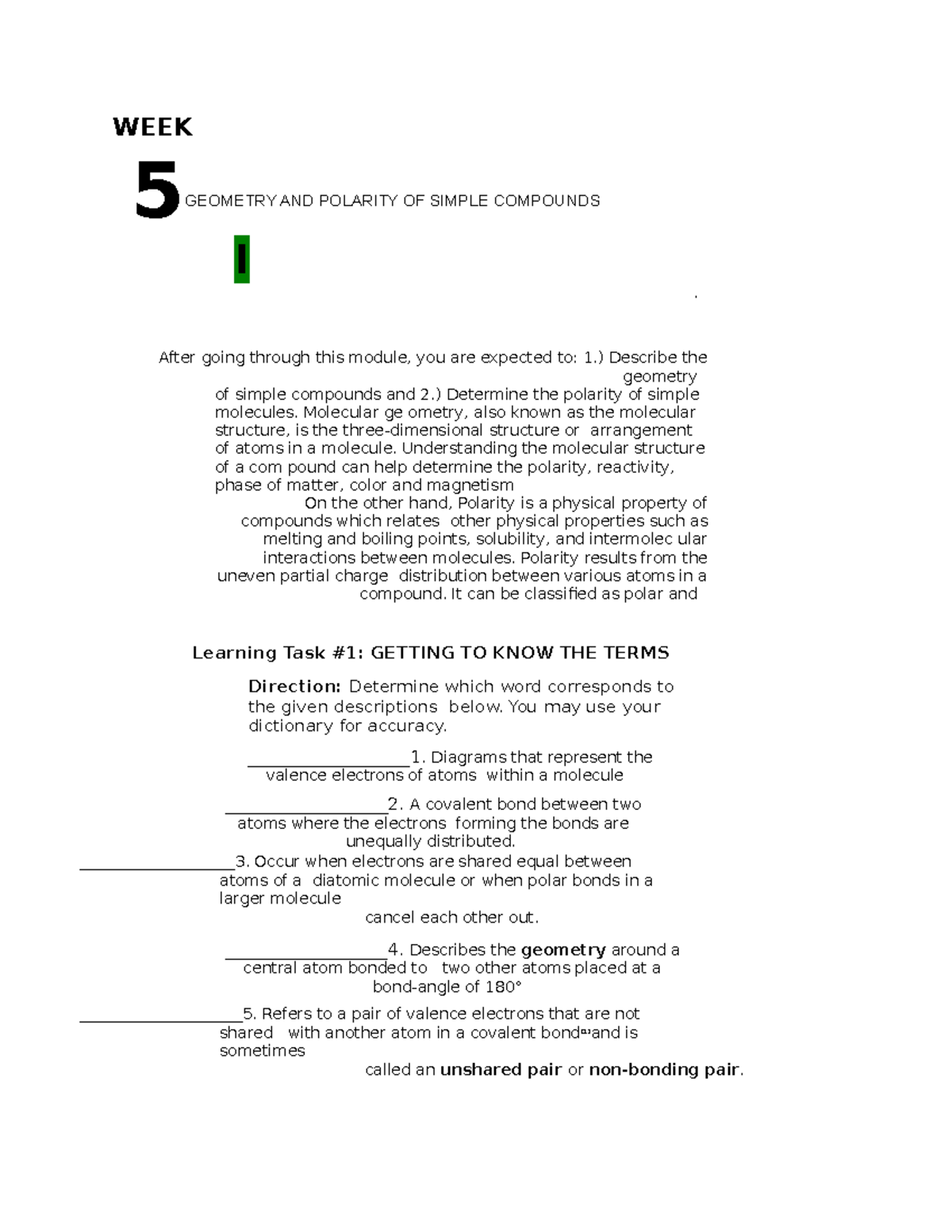 Geometry AND Polarity OF Simple Compounds - WEEK 5 GEOMETRY AND ...