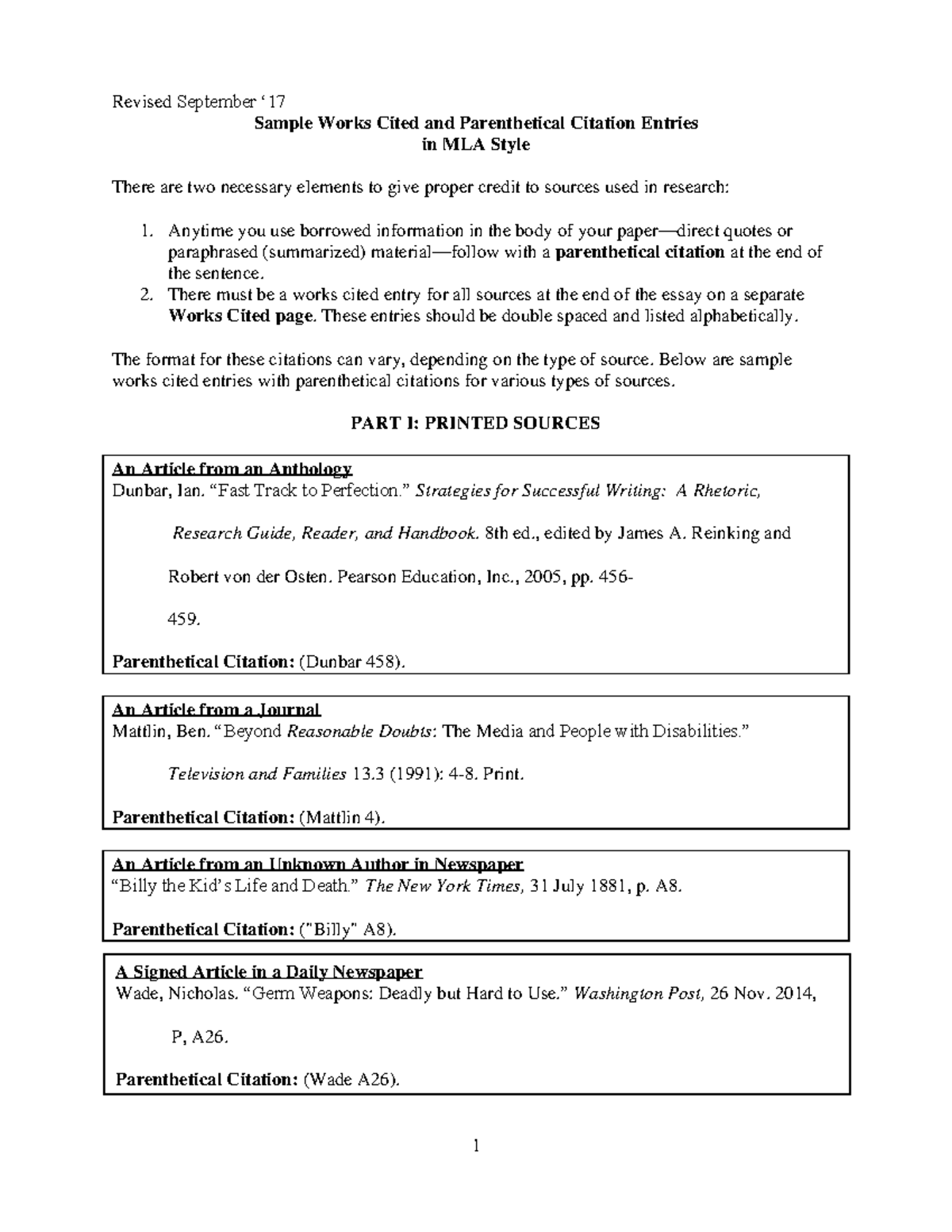 MLA Citation Handout - Revised September 817 Sample Works Cited and ...