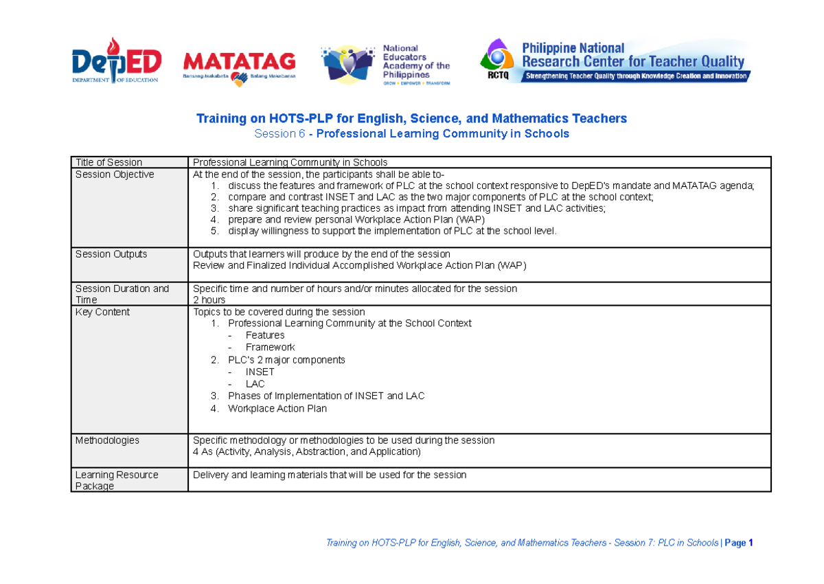 S7 SG PLC in Schools - Training on HOTS-PLP for English, Science, and ...