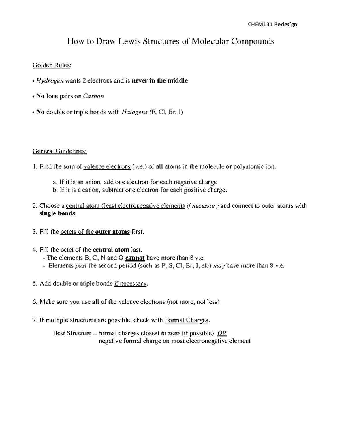 C1 Rules for Lewis Structures of Molecular Compounds 1 - CHEM131 ...