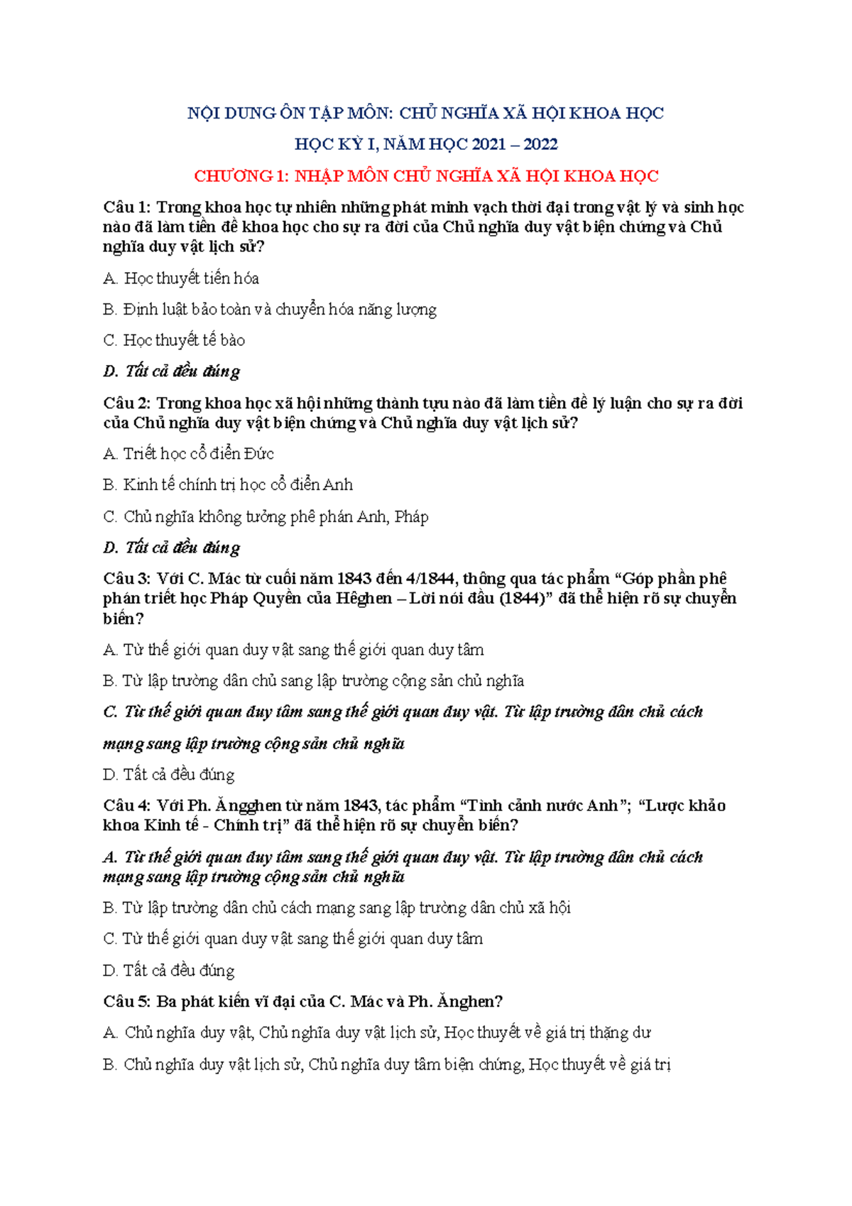 CNXH có đáp án - nkjl - NỘI DUNG ÔN TẬP MÔN: CHỦ NGHĨA XÃ HỘI KHOA HỌC ...