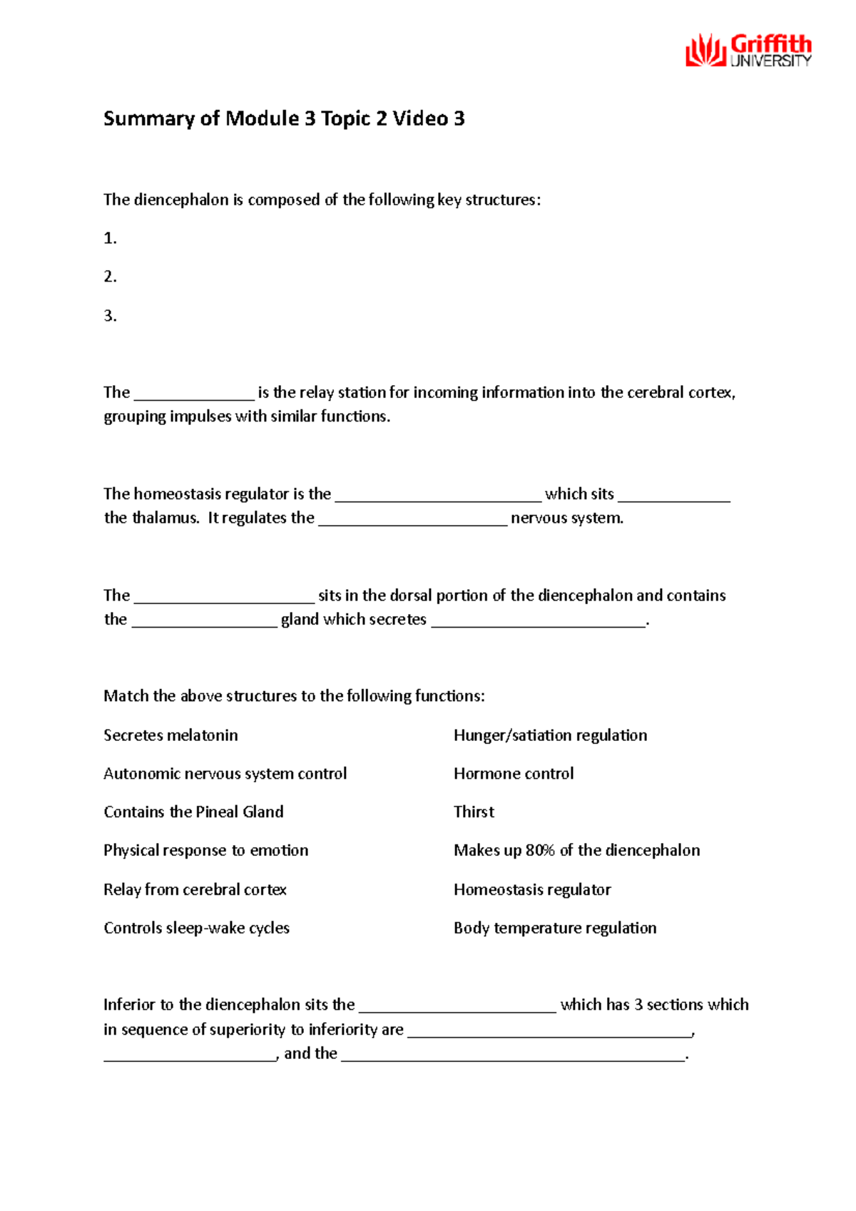 Summary of M3 Topic 2 Video 3 - Summary of Module 3 Topic 2 Video 3 The diencephalon is composed ...