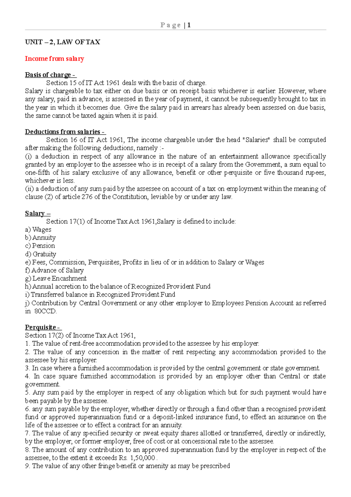 UNIT - 2, LAW OF TAX - Notes - UNIT – 2, LAW OF TAX Income from salary ...