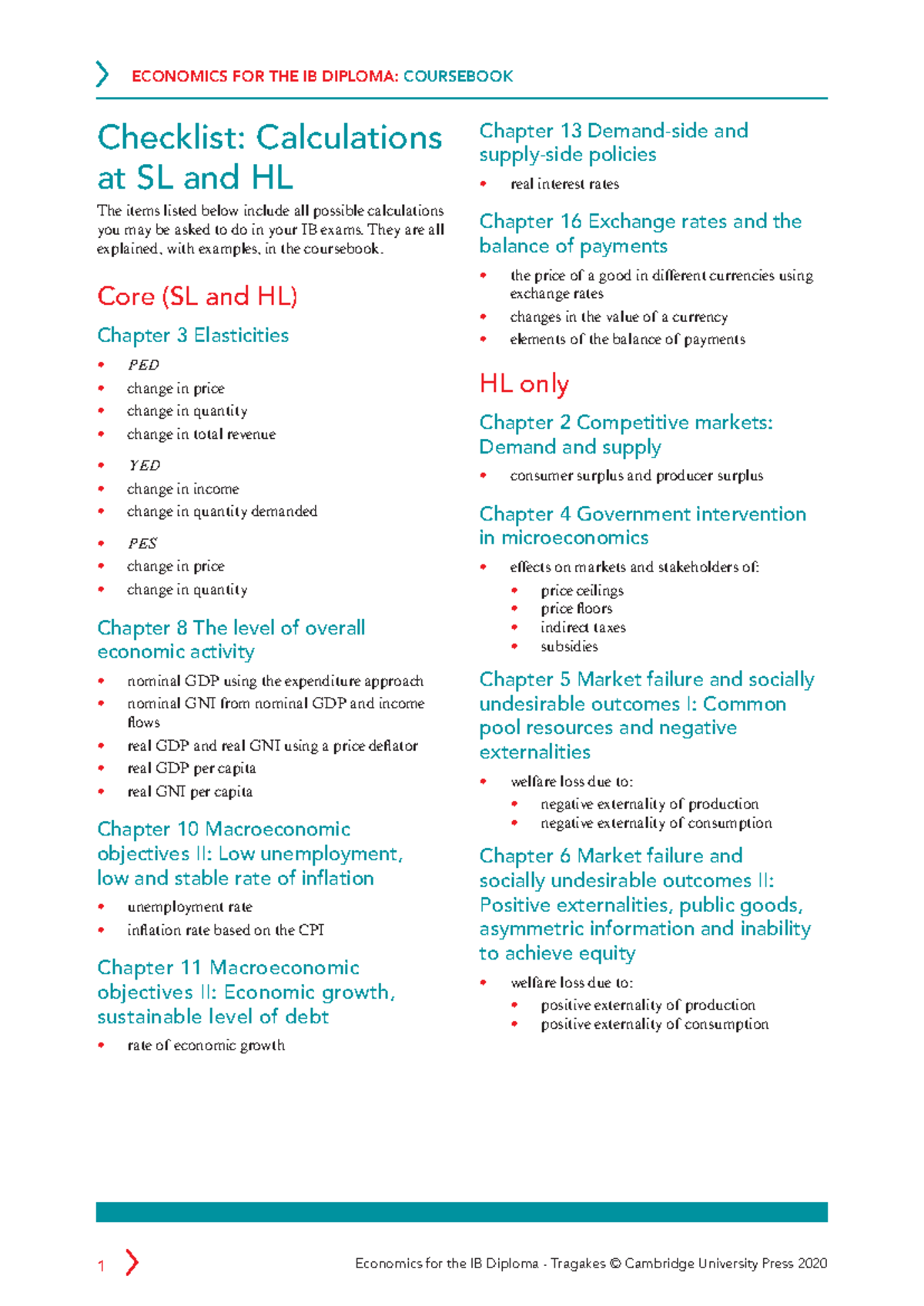Checklist - Calculations HL and SL - 1 Economics for the IB Diploma ...