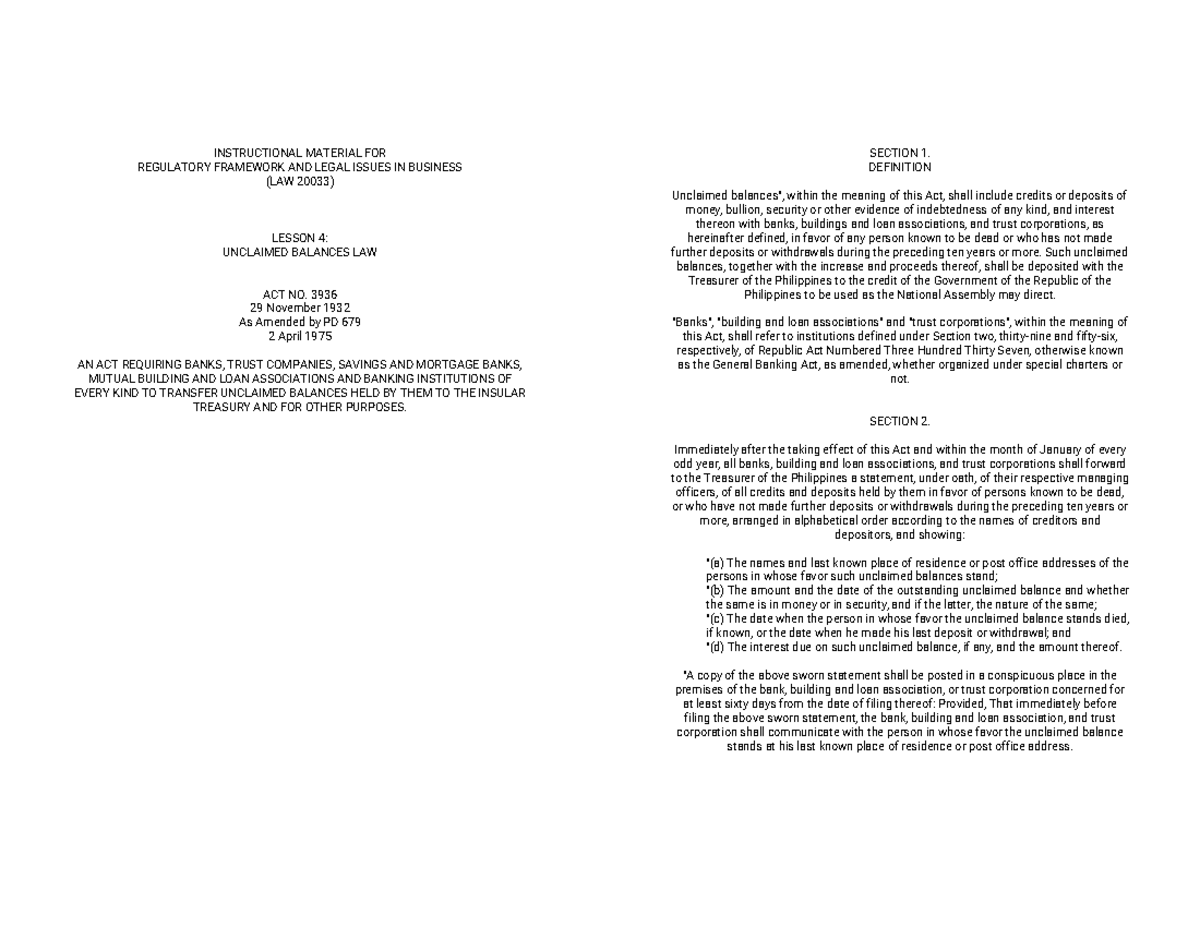 Unclaimed Balances LAW - INSTRUCTIONAL MATERIAL FOR REGULATORY ...