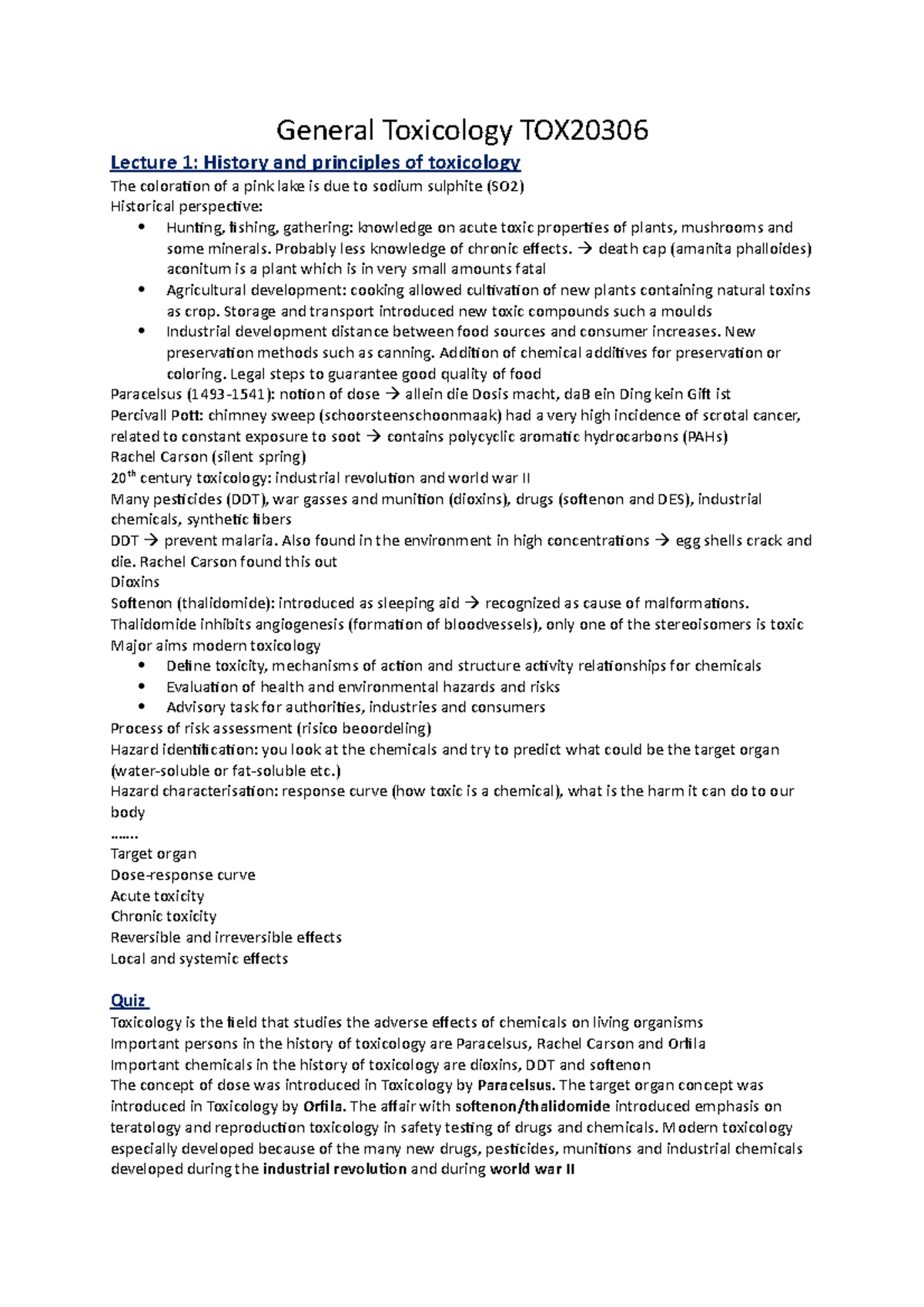 Summary lectures and quizes - General Toxicology TOX Lecture 1: History and principles of ...