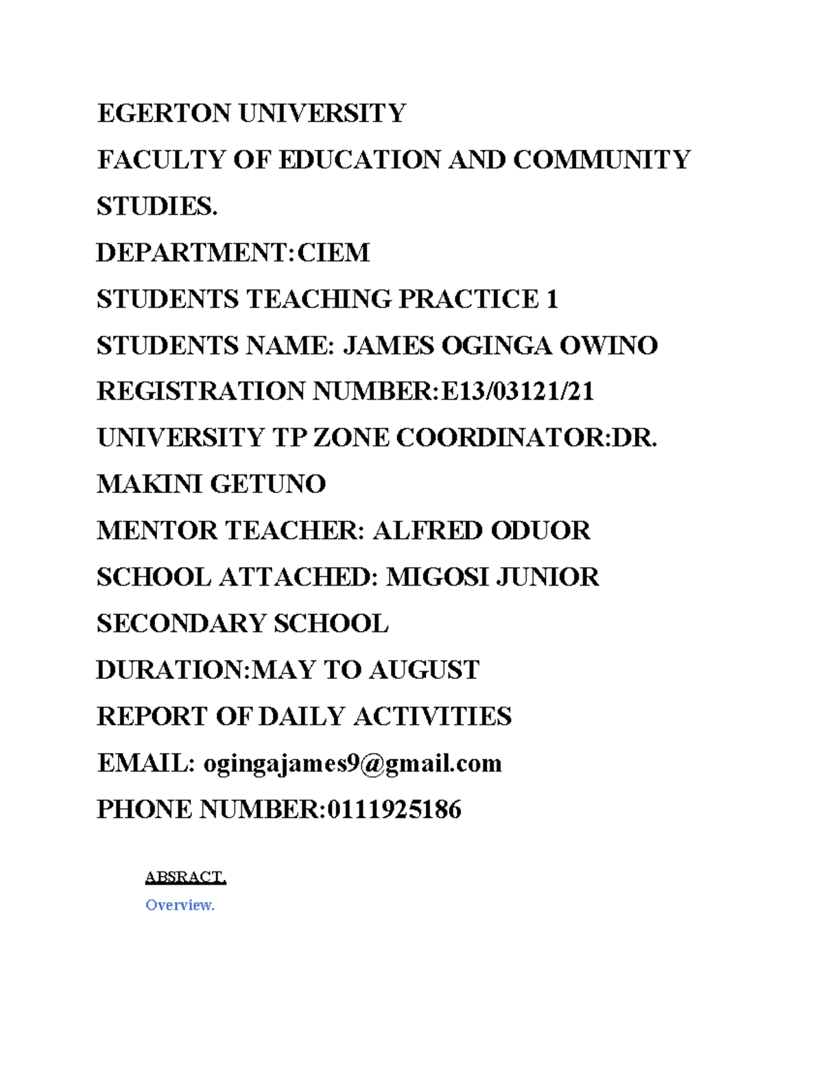 Chapter ONE - ass - EGERTON UNIVERSITY FACULTY OF EDUCATION AND COMMUNITY STUDIES. DEPARTMENT ...