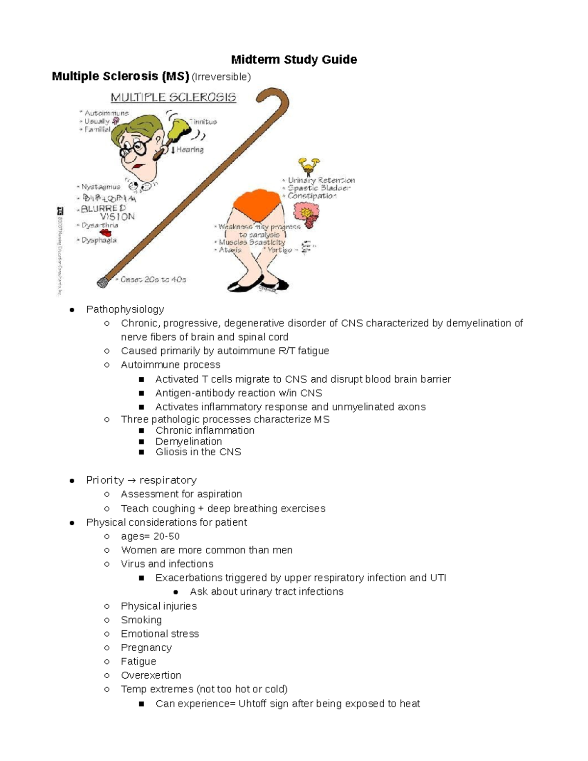 NURS 201 Midterm Study Guide - Midterm Study Guide Multiple Sclerosis ...