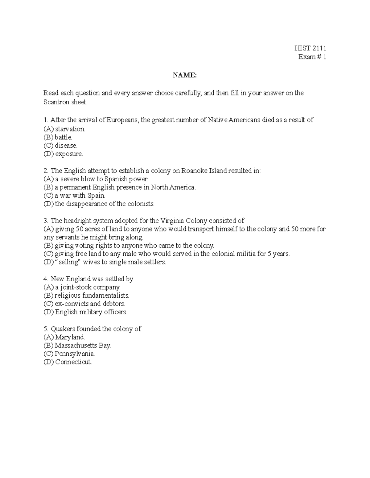 HIST2111oldexampage - oldexam - HIST 2111 Exam # 1 NAME: Read each ...