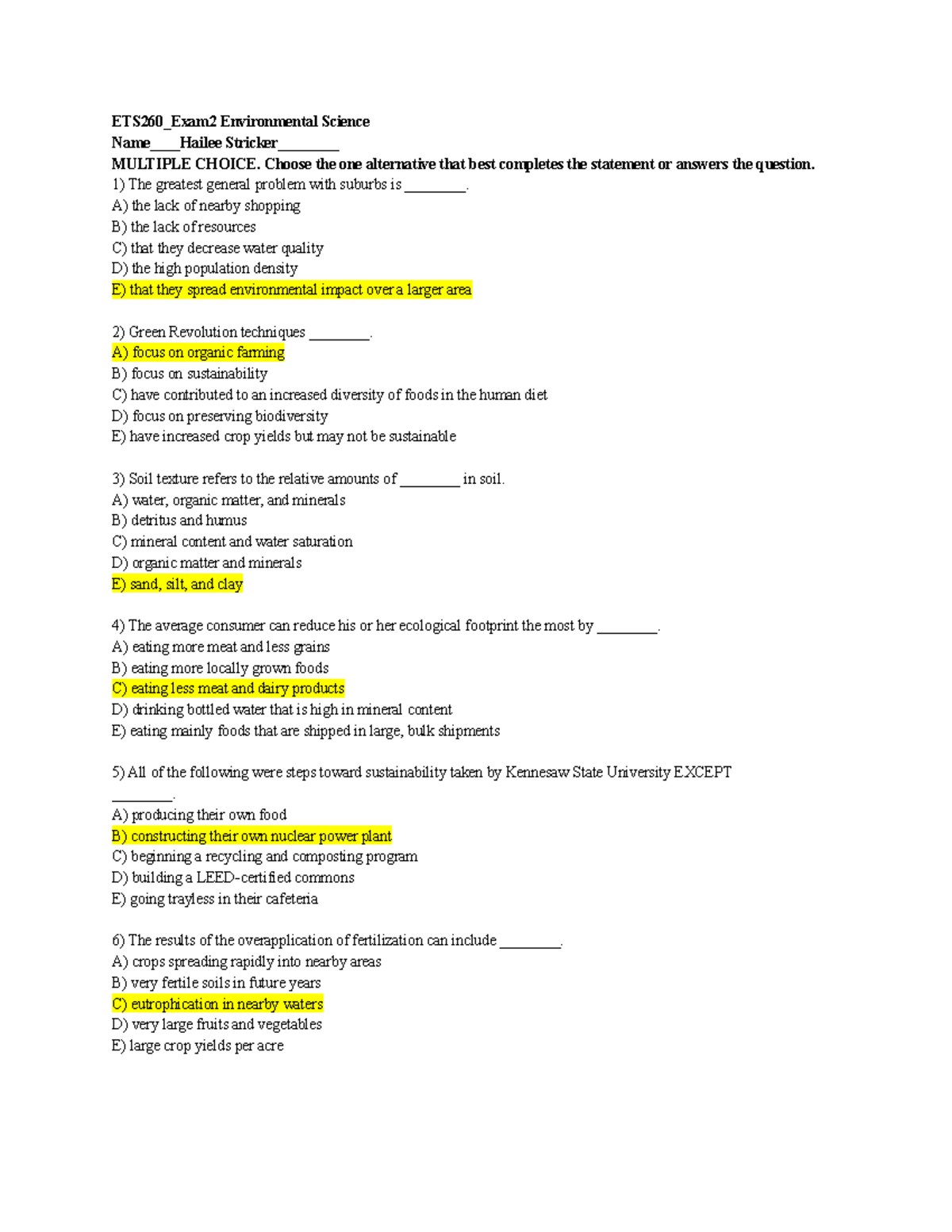 Exam 2 - exam 2 - ETS260_Exam2 Environmental Science Name____Hailee ...