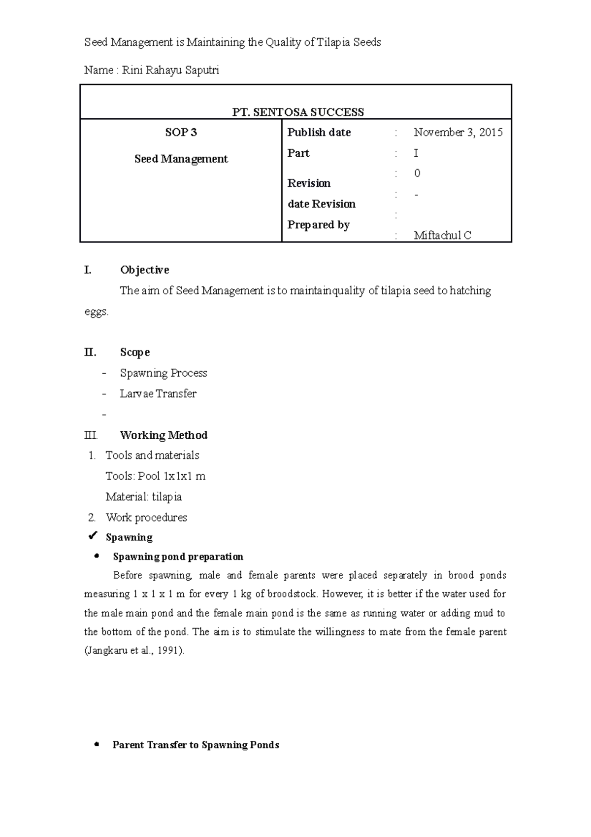 Seed Management is Maintaining the Quality of Tilapia Seeds - SENTOSA SUCCESS SOP 3 Seed ...