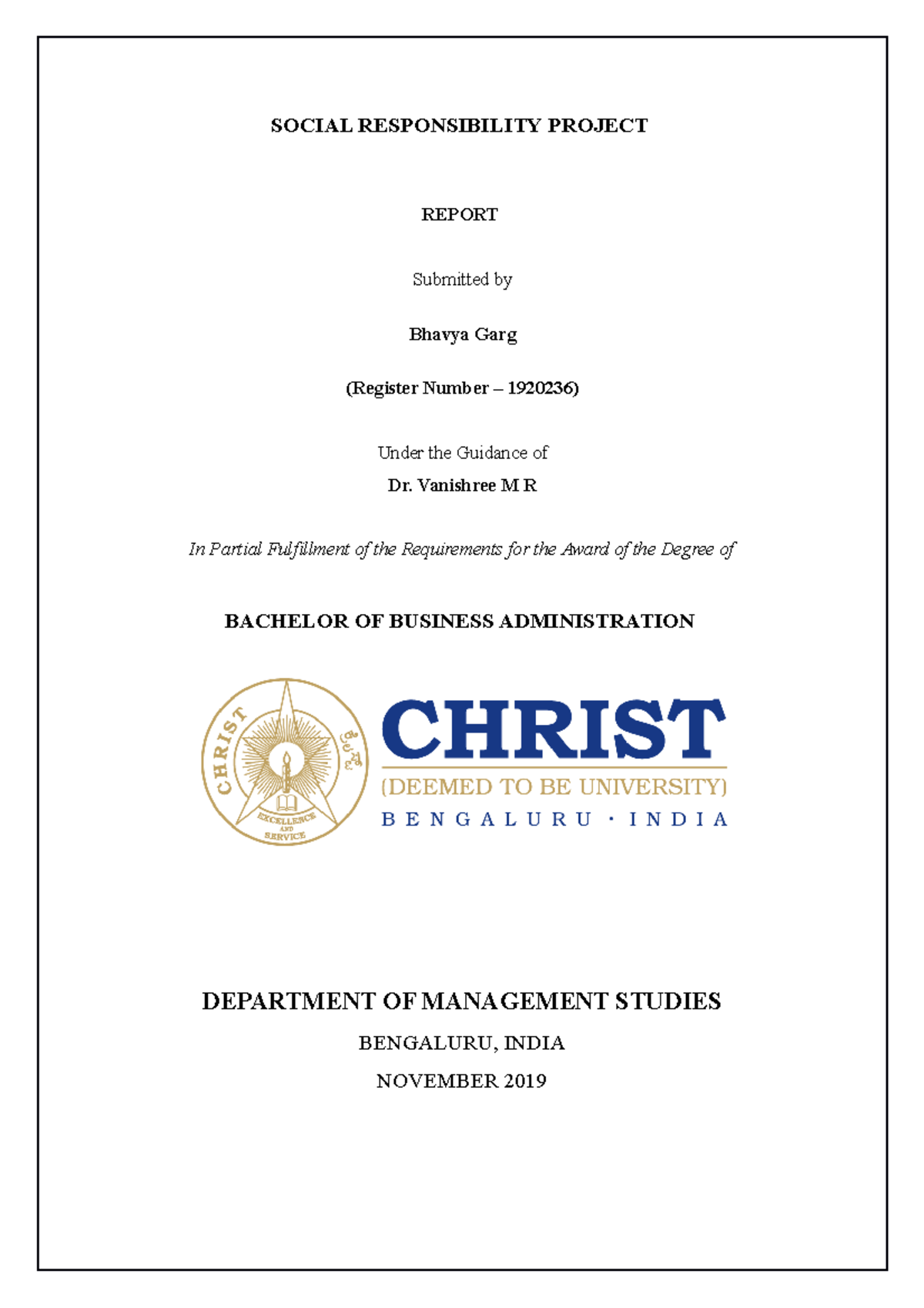 Sample Copy of SRP - Bangalore - SOCIAL RESPONSIBILITY PROJECT REPORT ...