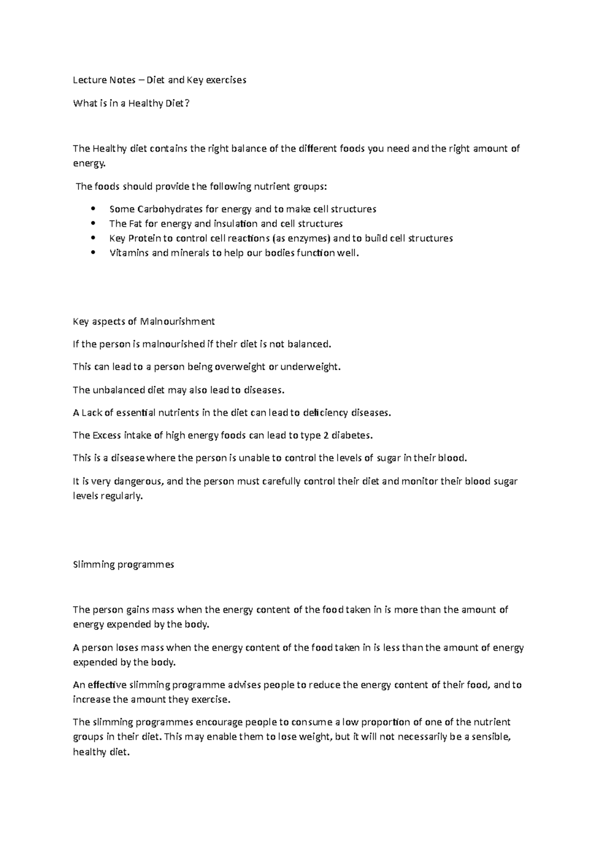 Lecture Notes - Key Excersies and Diet - Lecture Notes – Diet and Key ...