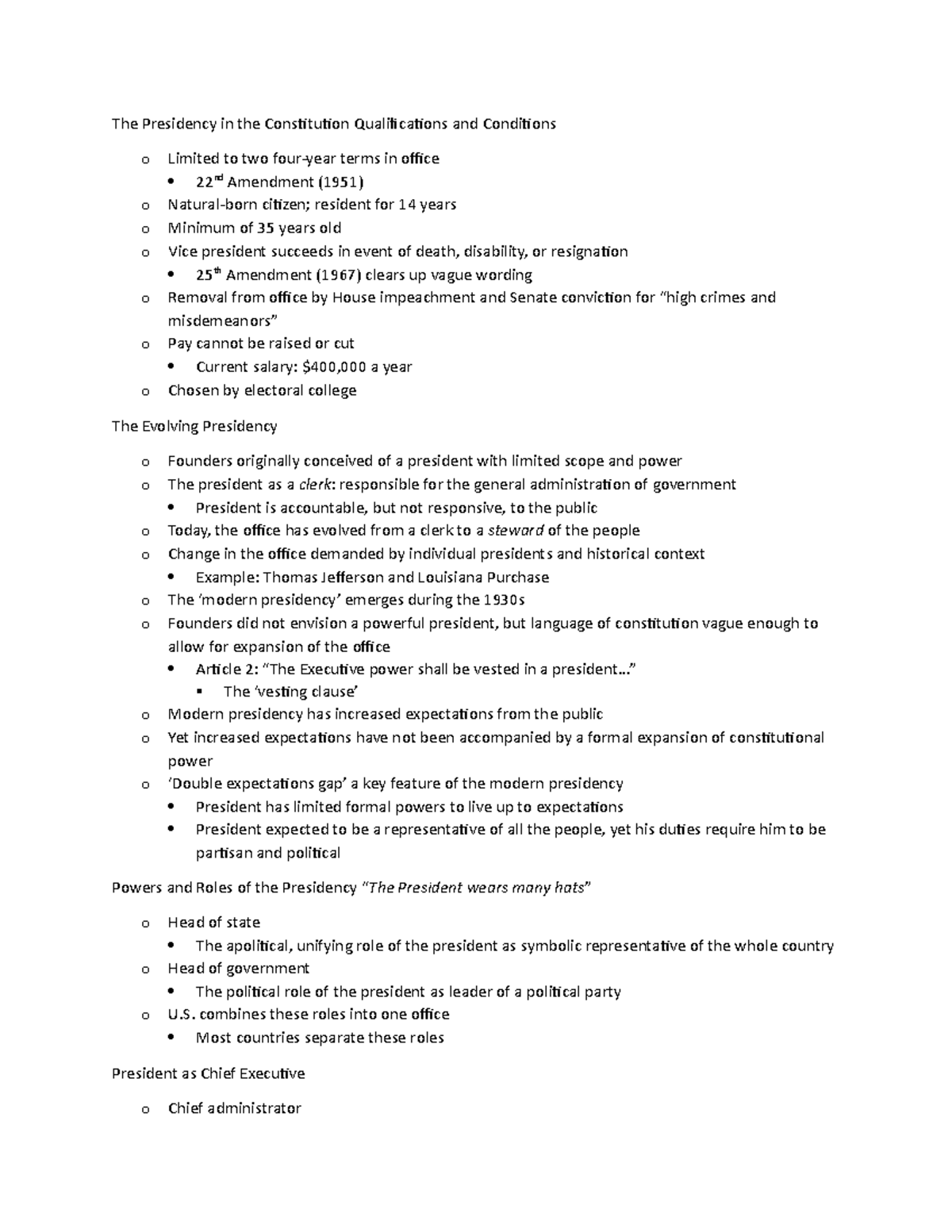 POLS 1100 - The Presidency - The Presidency in the Constitution ...