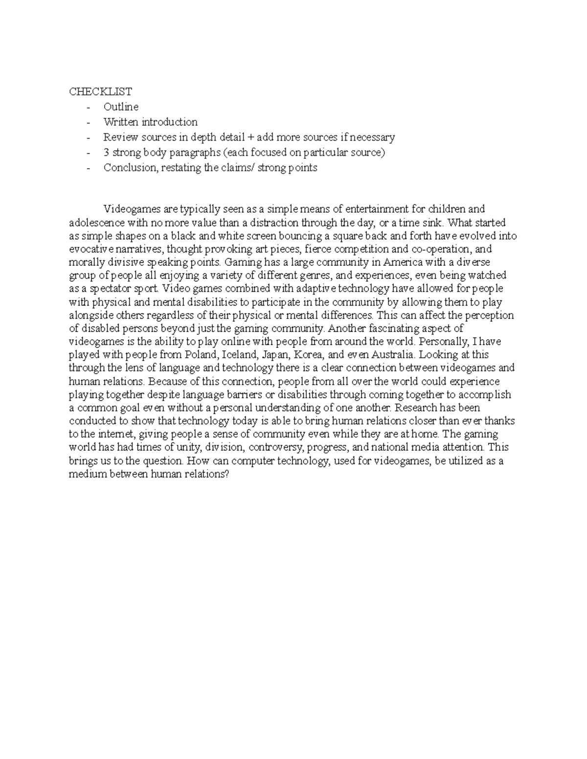 Paper Checklist - CHECKLIST Outline Written introduction Review sources ...