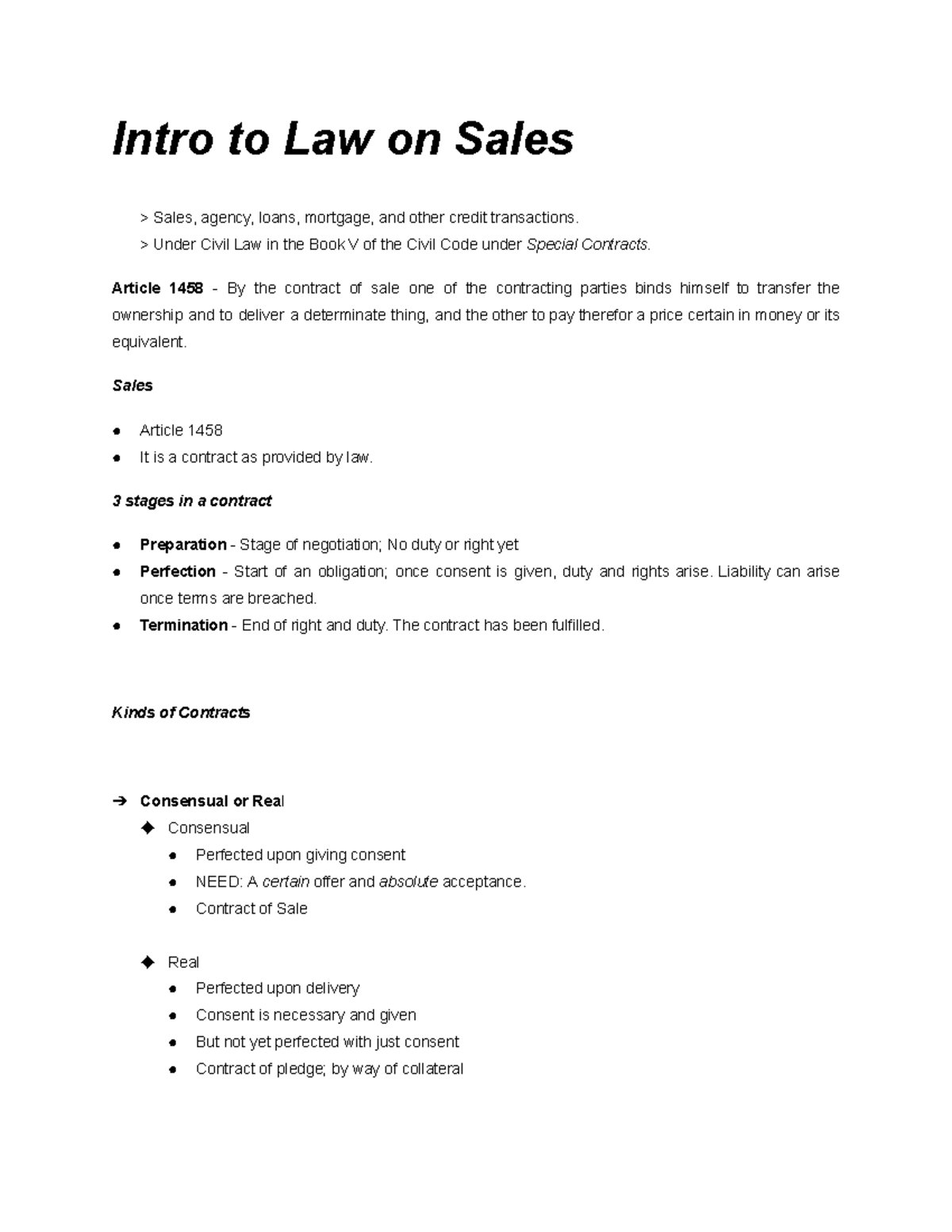 Intro to Law on Sales - Intro to Law on Sales Sales, agency, loans ...