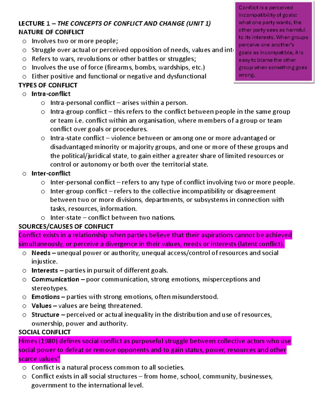 SLCV201 Study Notes - LECTURE 1 – THE CONCEPTS OF CONFLICT AND CHANGE ...