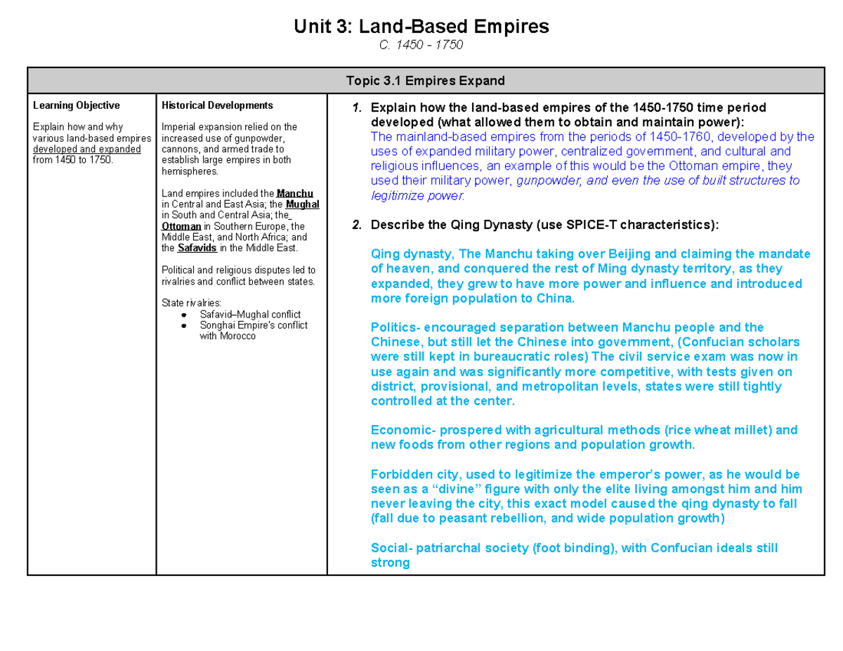 Unit three study guide - Unit 3: Land-Based Empires C. 1450 - 1750 ...