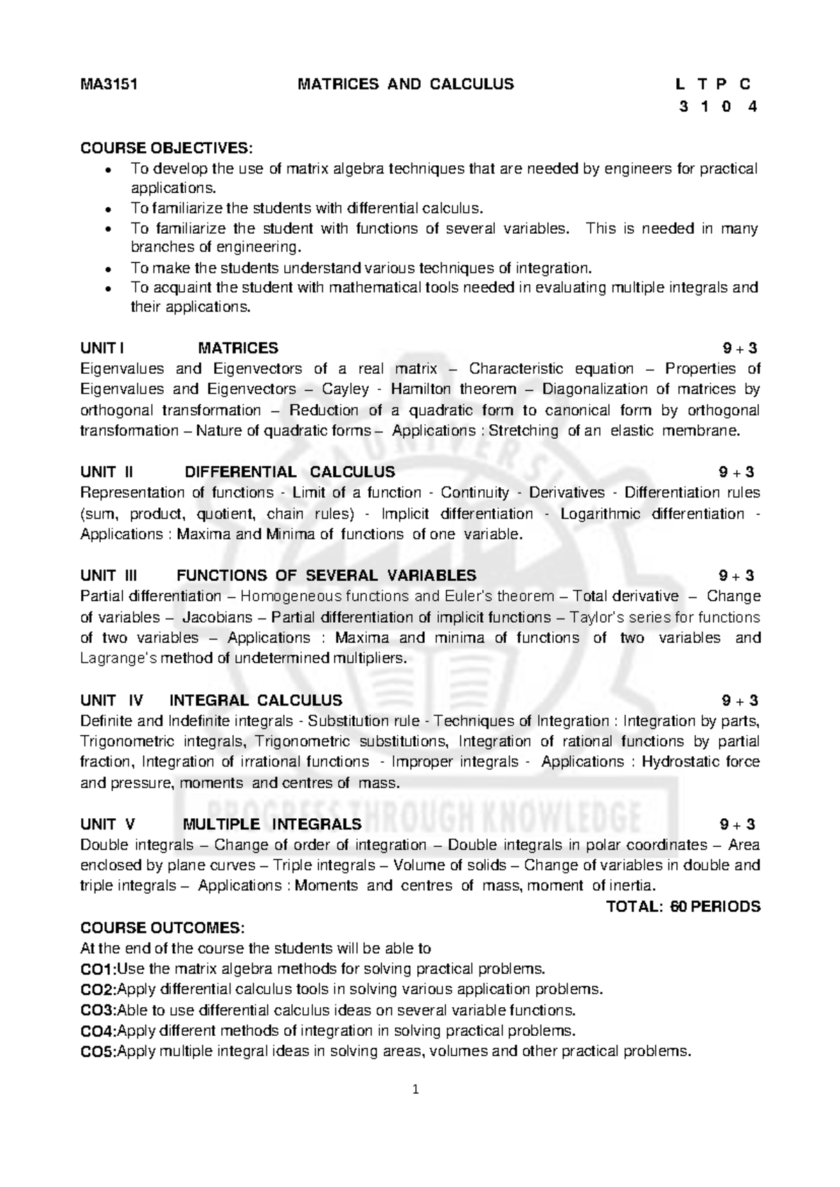 MA3151 - Syllabus - Time table - 1 MA3151 MATRICES AND CALCULUS L T P C ...