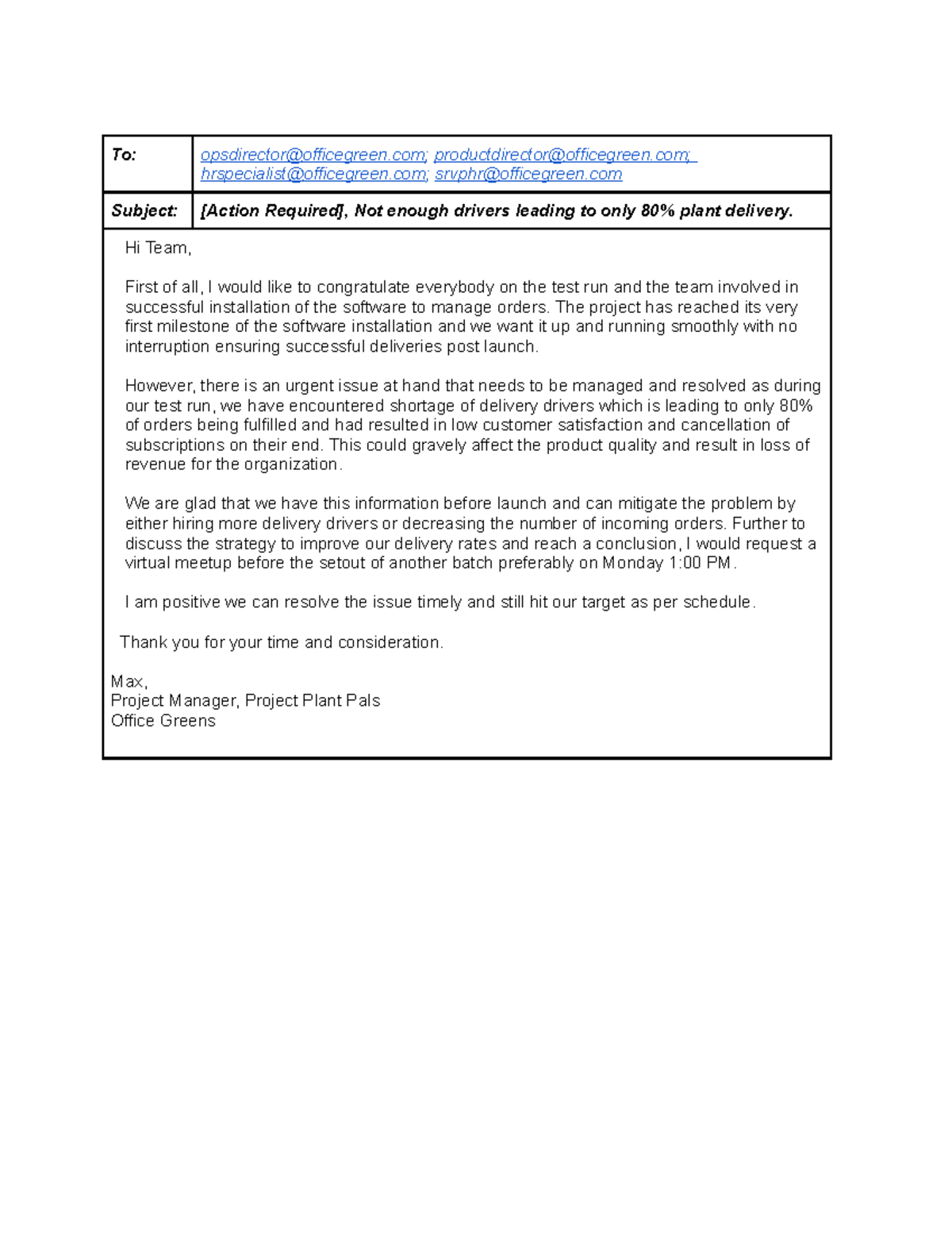 Escalation email - Nothing - To: opsdirector@officegreen ...