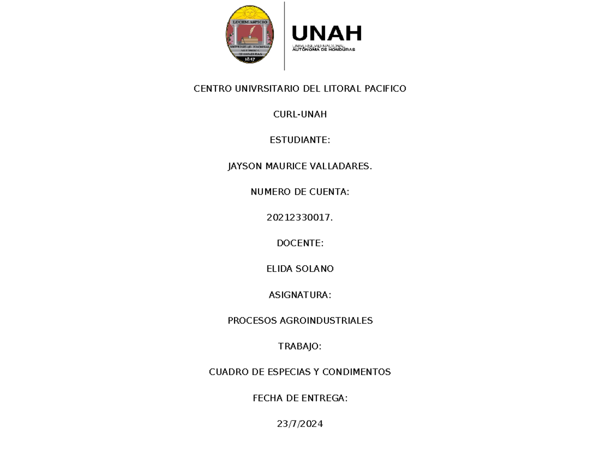 Clasificación de especies y condimentos - CENTRO UNIVRSITARIO DEL ...