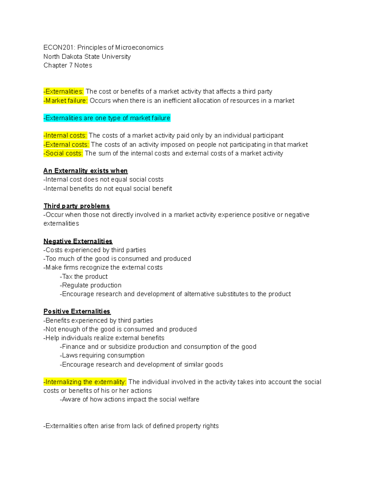 ECON Chapter 7 - Externalities, different types of costs, and different ...