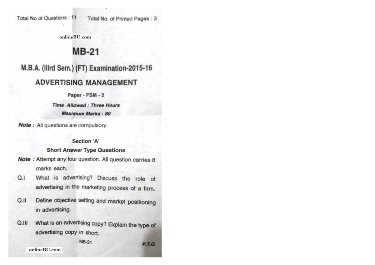 Previous Year Exam paper - 2016 - MBA - Studocu